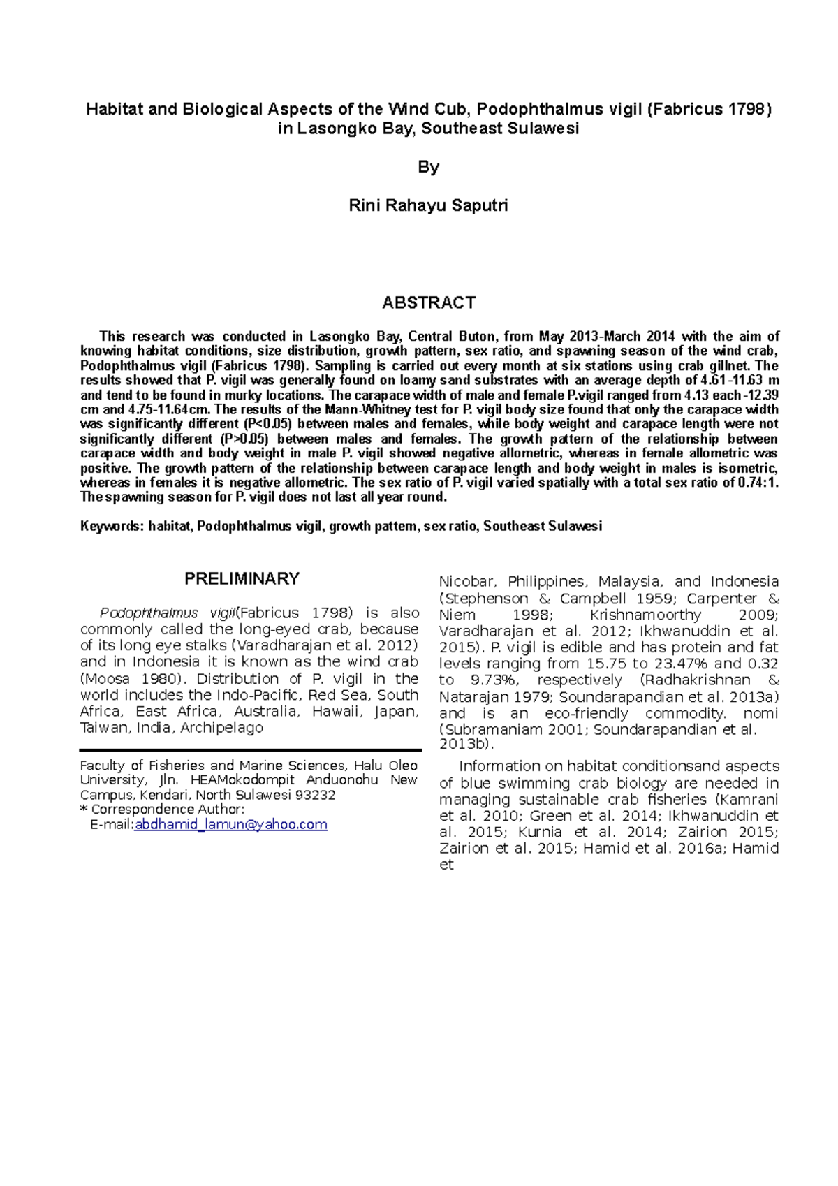 Habitat and Biological Aspects of the Wind Cub, Podophthalmus vigil ...