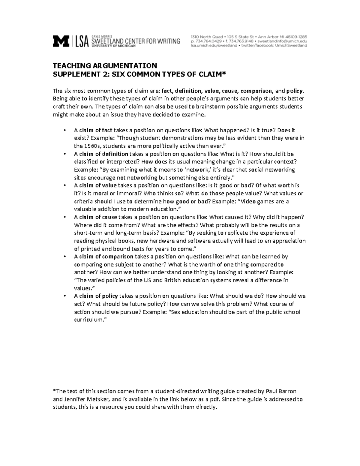 Supplement 2 Six Common Typesof Claim - TEACHING ARGUMENTATION ...