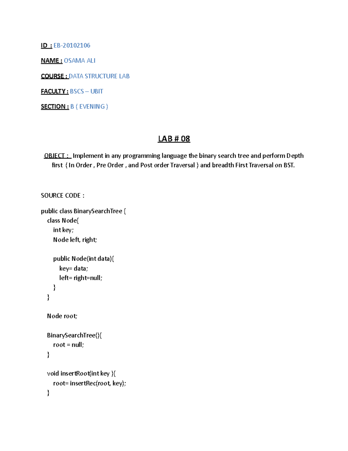 DSA LABS - Acedemia notes - ID : EB- NAME : OSAMA ALI COURSE : DATA ...