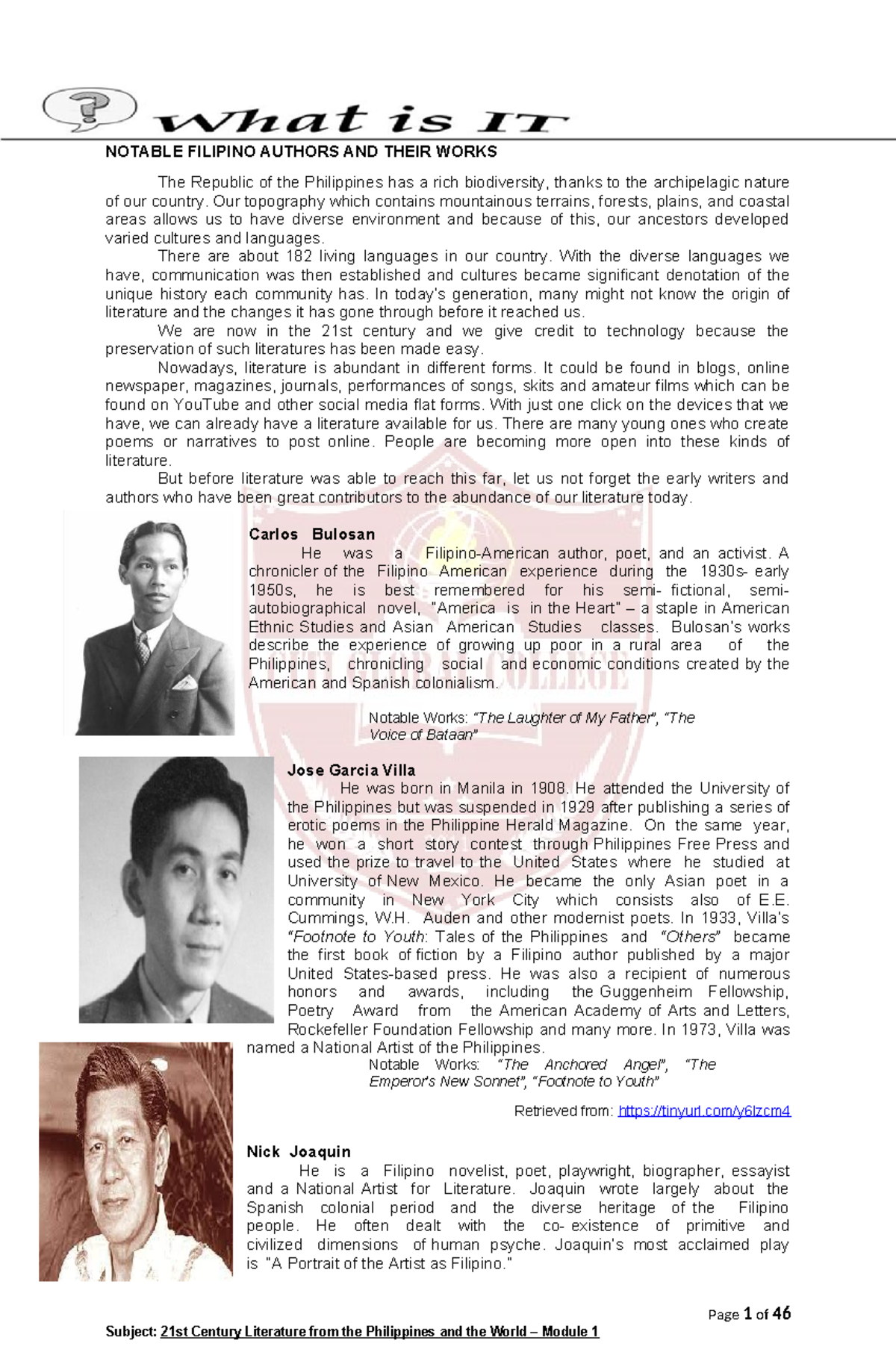 21st Century Literature Module 2 - NOTABLE FILIPINO AUTHORS AND THEIR ...