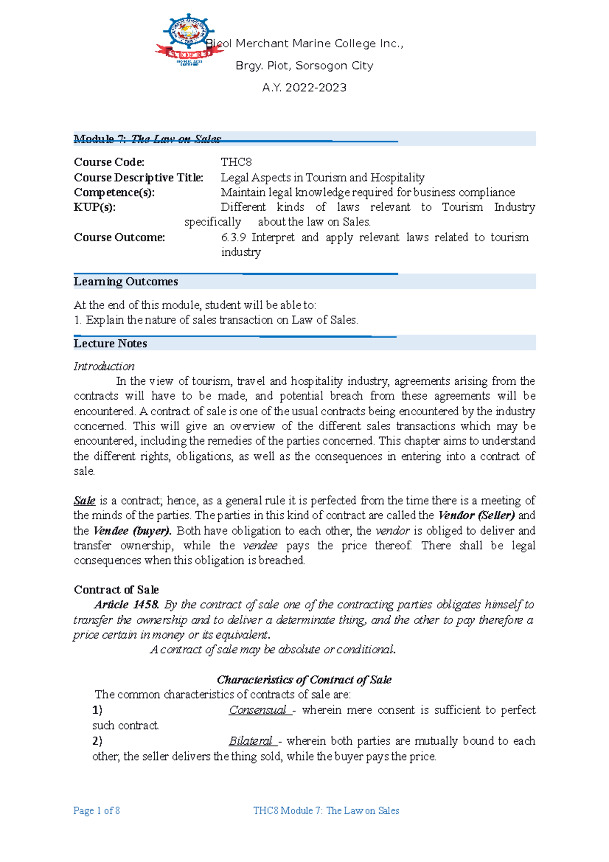 THC8 Module 7- LAW ON Sales-for reporting - Brgy. Piot, Sorsogon City A ...