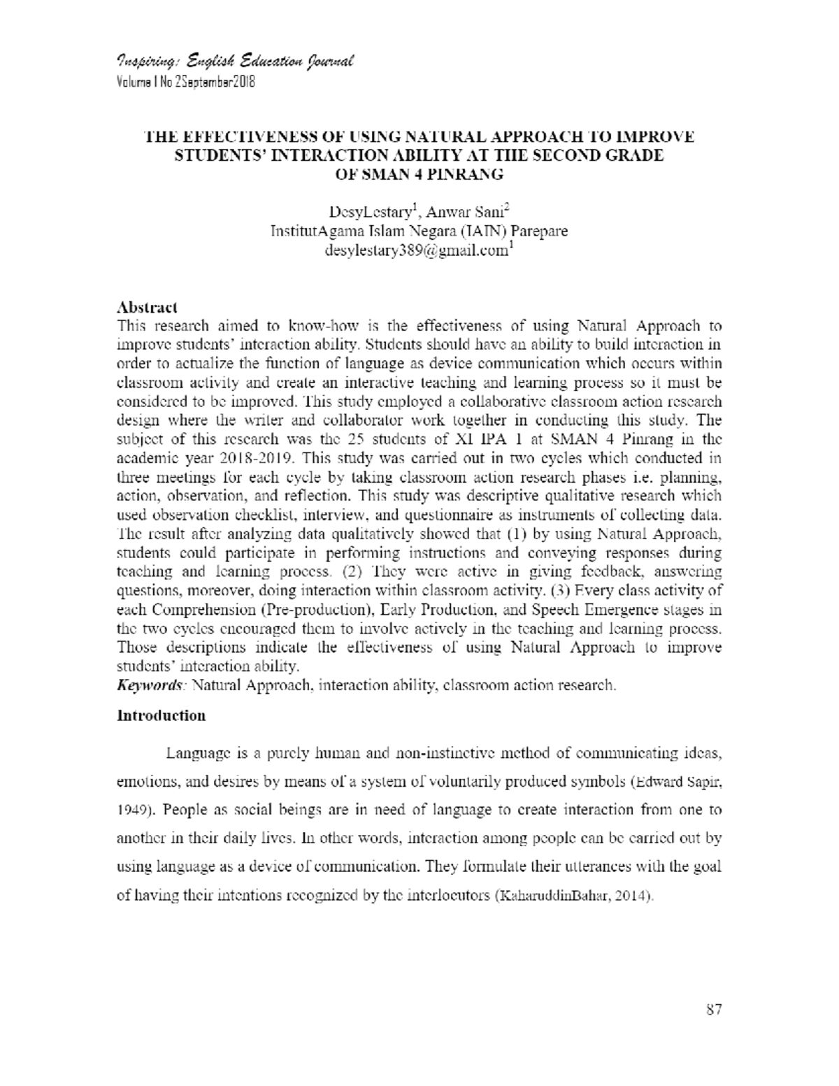 The Effectiveness of Using Natural Approach to Improve Students ...