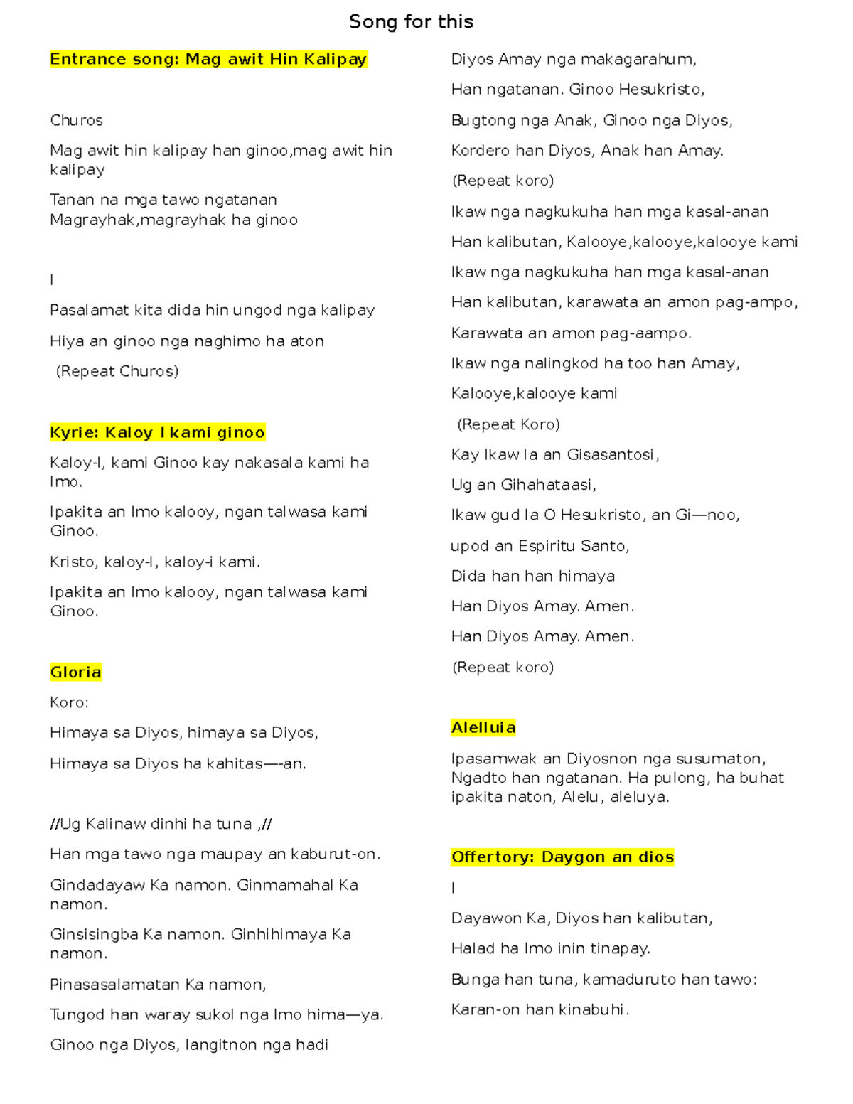 Mass Song for this August - Entrance song: Mag awit Hin Kalipay Churos ...