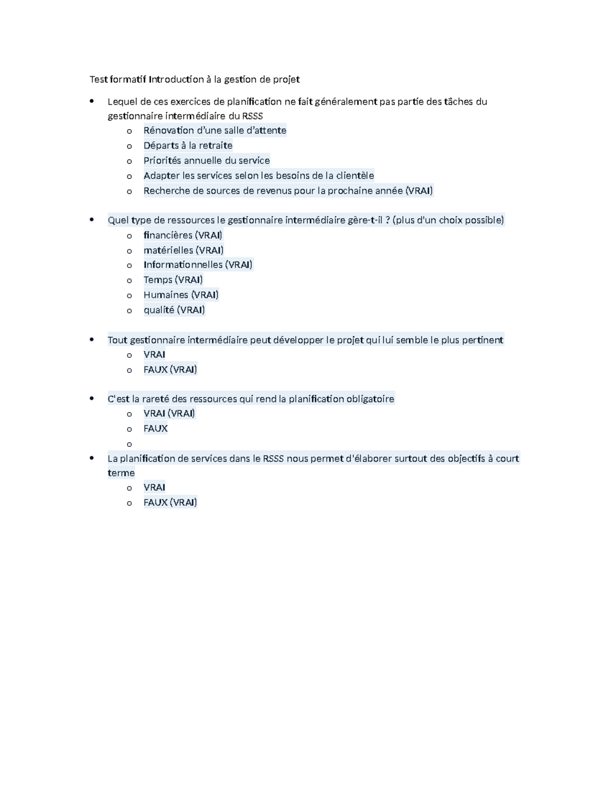 Test formatif Introduction à la gestion de projet - Studocu