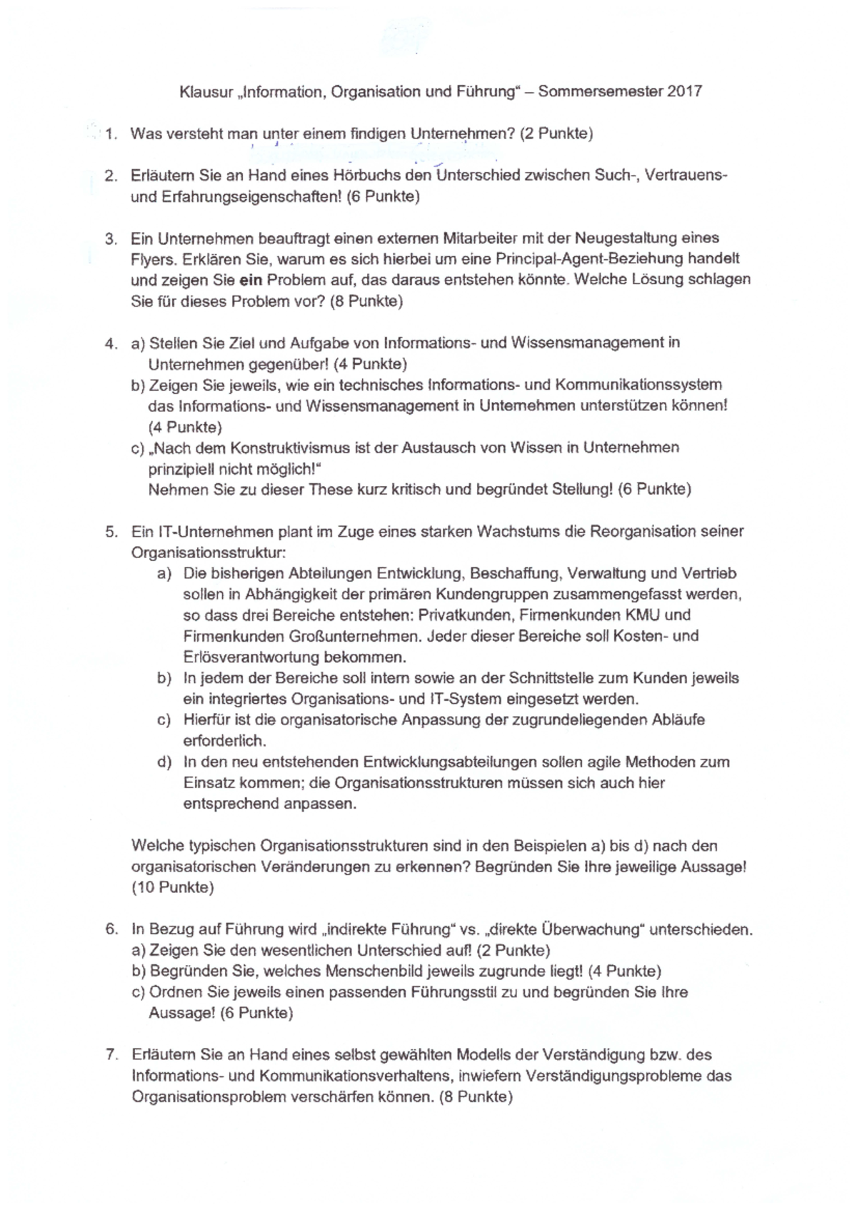 Probeklausur, Fragen - Klausur ,,lnformatlon, Organisation und Fﬁhrung“ — Sommersemester 2017 ...