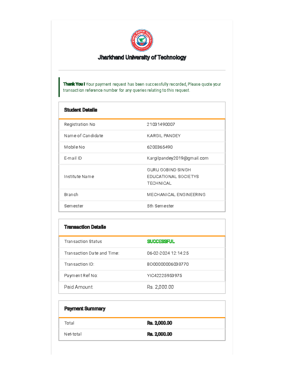 Jharkhand University of Technology - Student Details Registration No ...