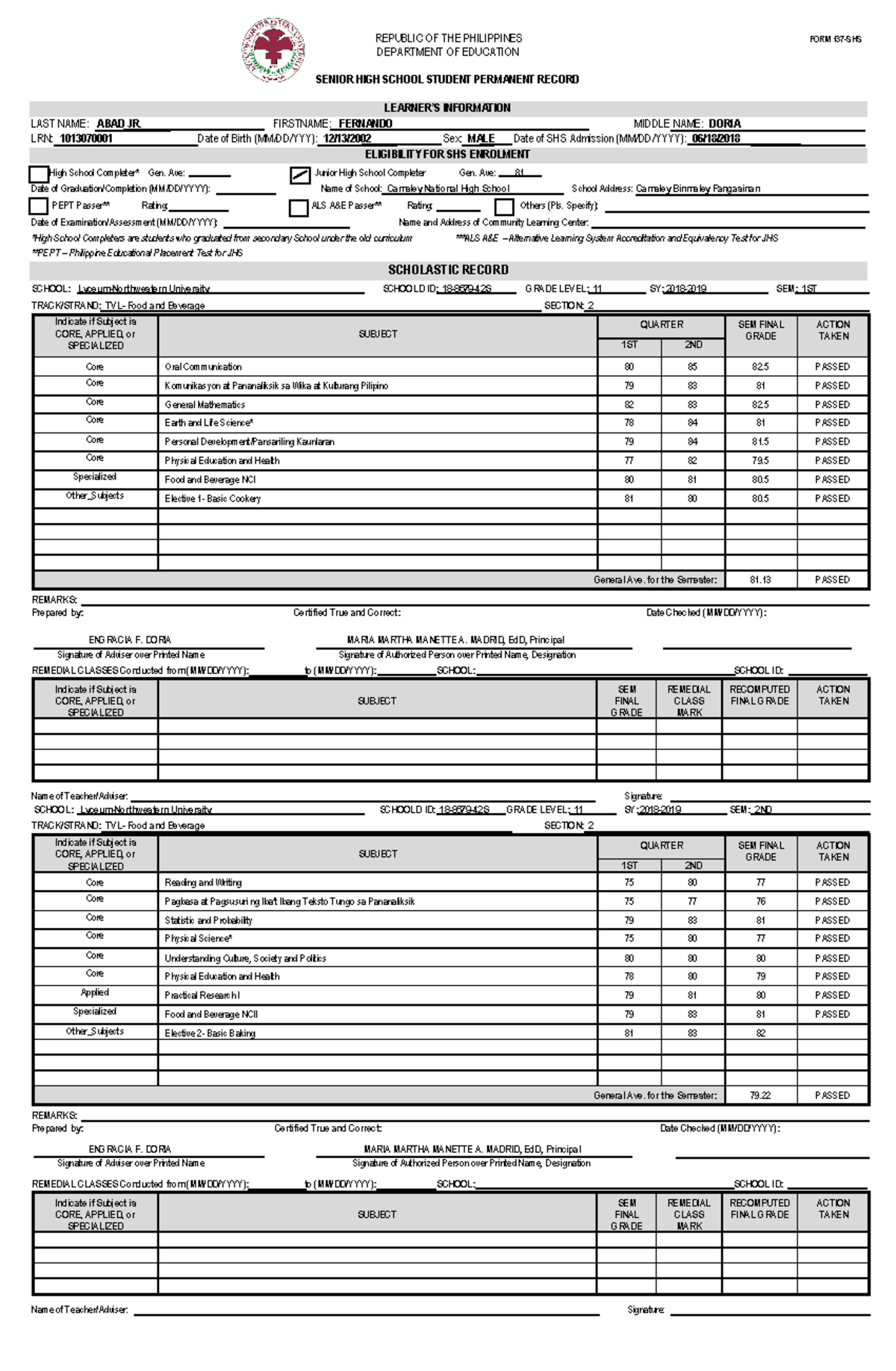 ABAD NONE REPUBLIC OF THE PHILIPPINES FORM 137 SHS DEPARTMENT OF