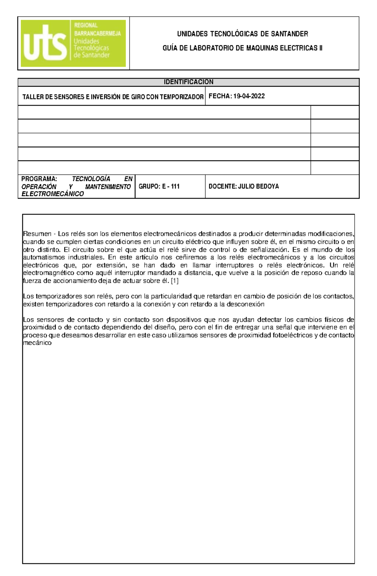 Taller accionamientos 2 - GUÍA DE LABORATORIO DE MAQUINAS ELECTRICAS II IDENTIFICACIÓN TALLER DE ...
