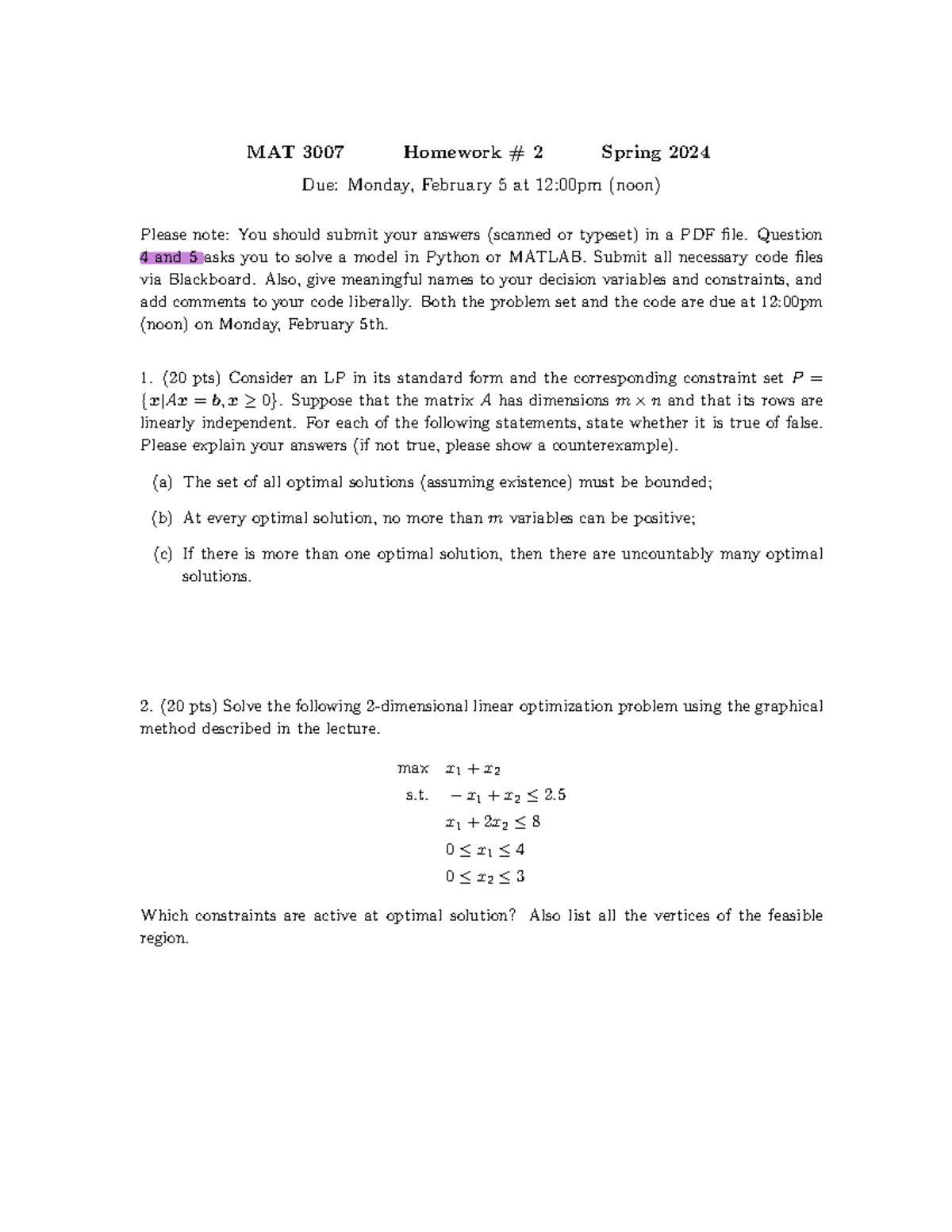 MAT3007 HW2 Spring 24 - MAT 3007 Homework # 2 Spring 2024 Due: Monday, February 5 at 12:00pm ...