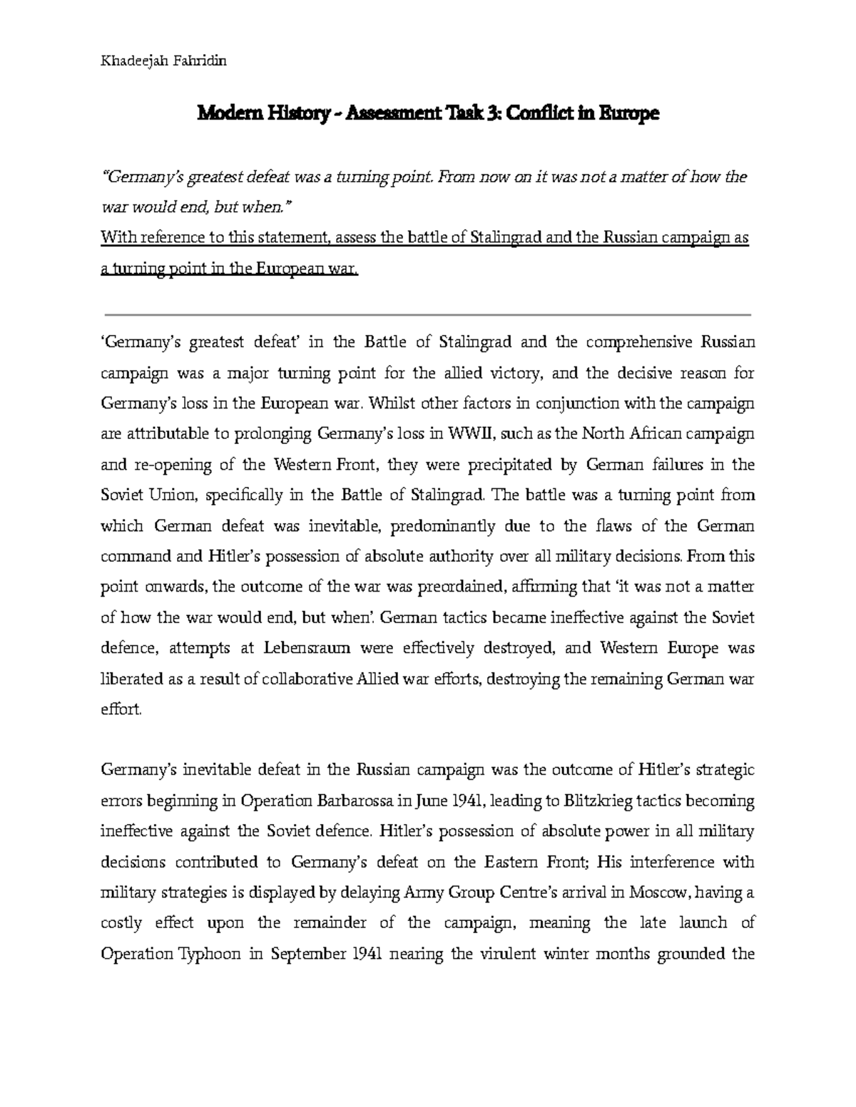 Modern history assessment task 3 - Khadeejah Fahridin Modern History ...