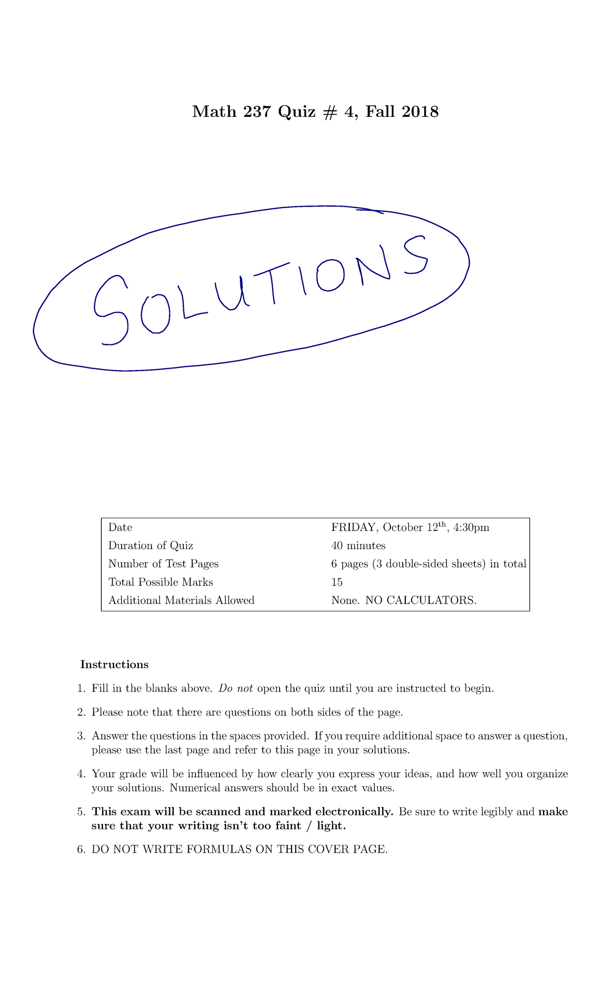 Quiz 4 Solutions - Math 237 Quiz # 4, Fall 2018 Date FRIDAY, October ...
