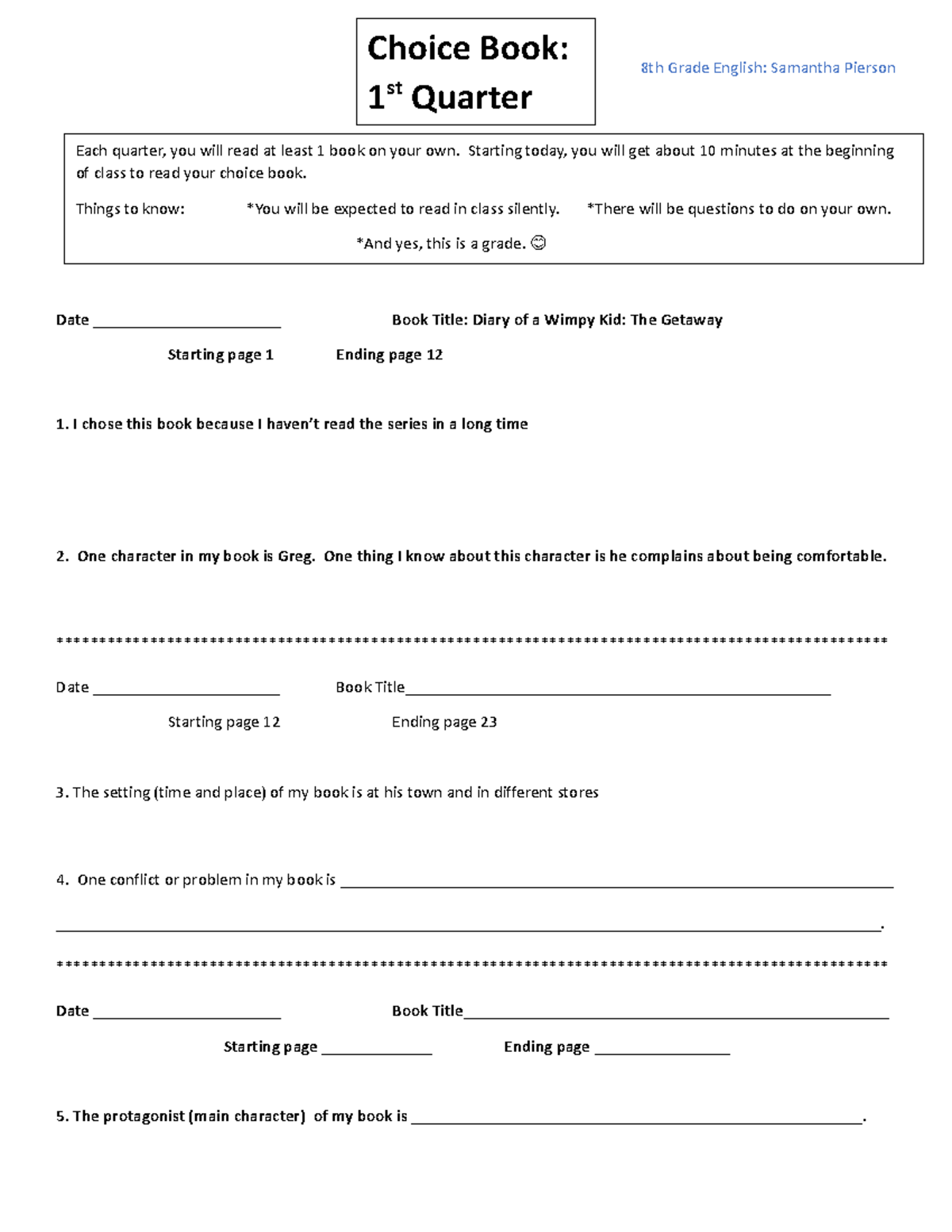 Choice+Book+Questions - 8th Grade English: Samantha Pierson Date ...