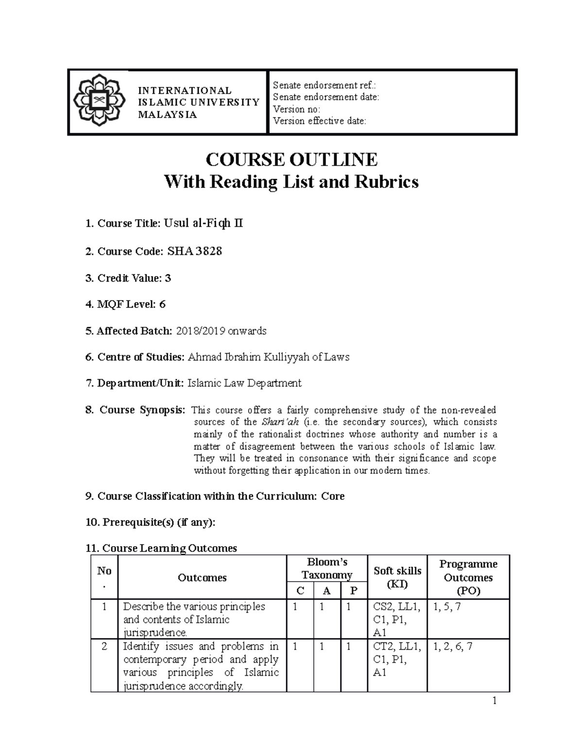 Course outline - INTERNATIONAL ISLAMIC UNIVERSITY MALAYSIA Senate ...