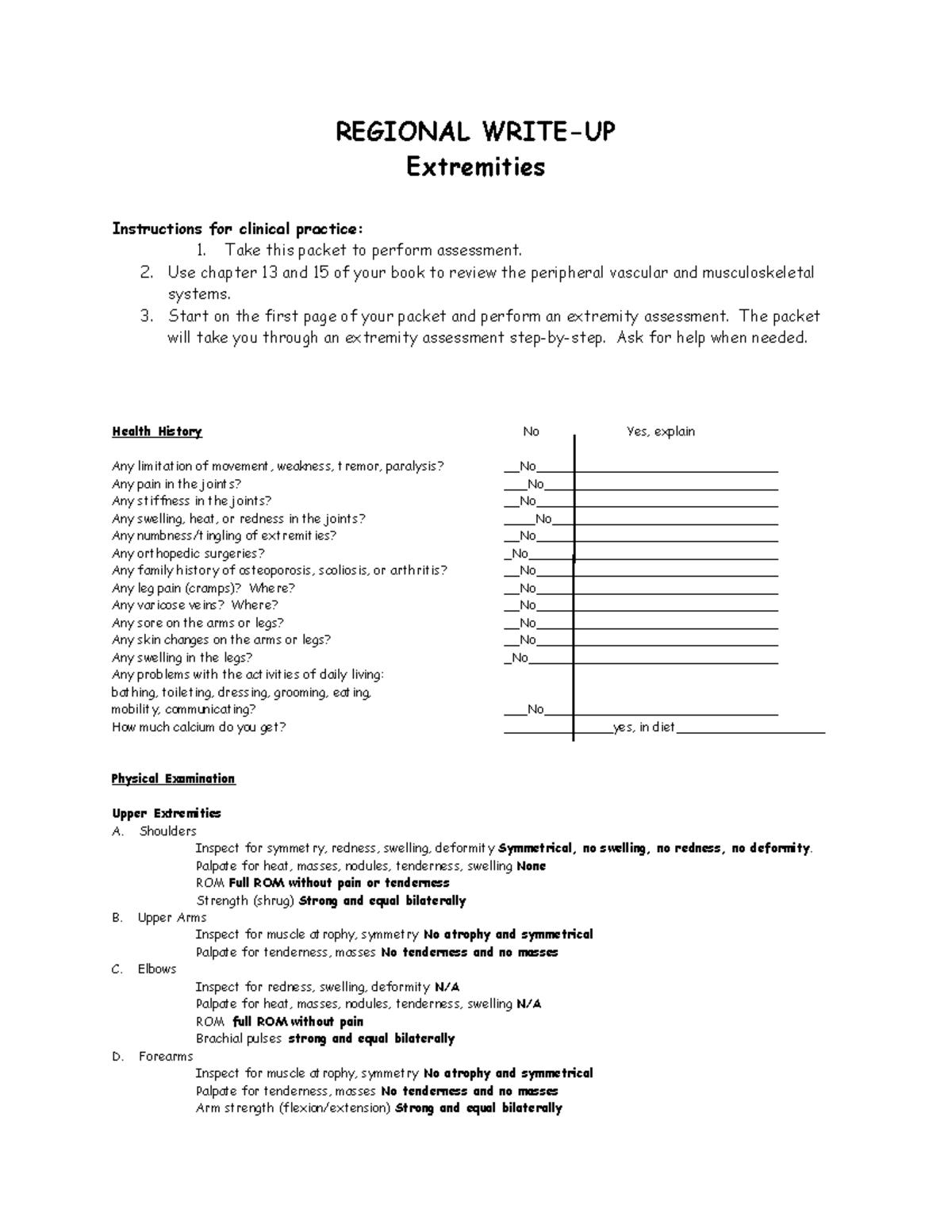 Extremities write up - REGIONAL WRITE-UP Extremities Instructions for ...