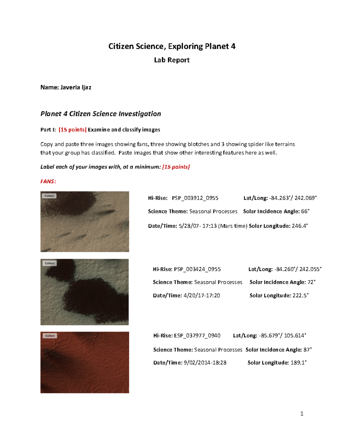 Planet FOUR LAB - Citizen Science, Exploring Planet 4 Lab Report Name ...