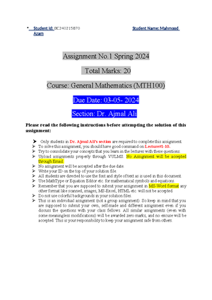 Assignmentmth 100 - this is helpful in a - Intro to Math - Assignment# Mth100(Fall 2023) Section ...