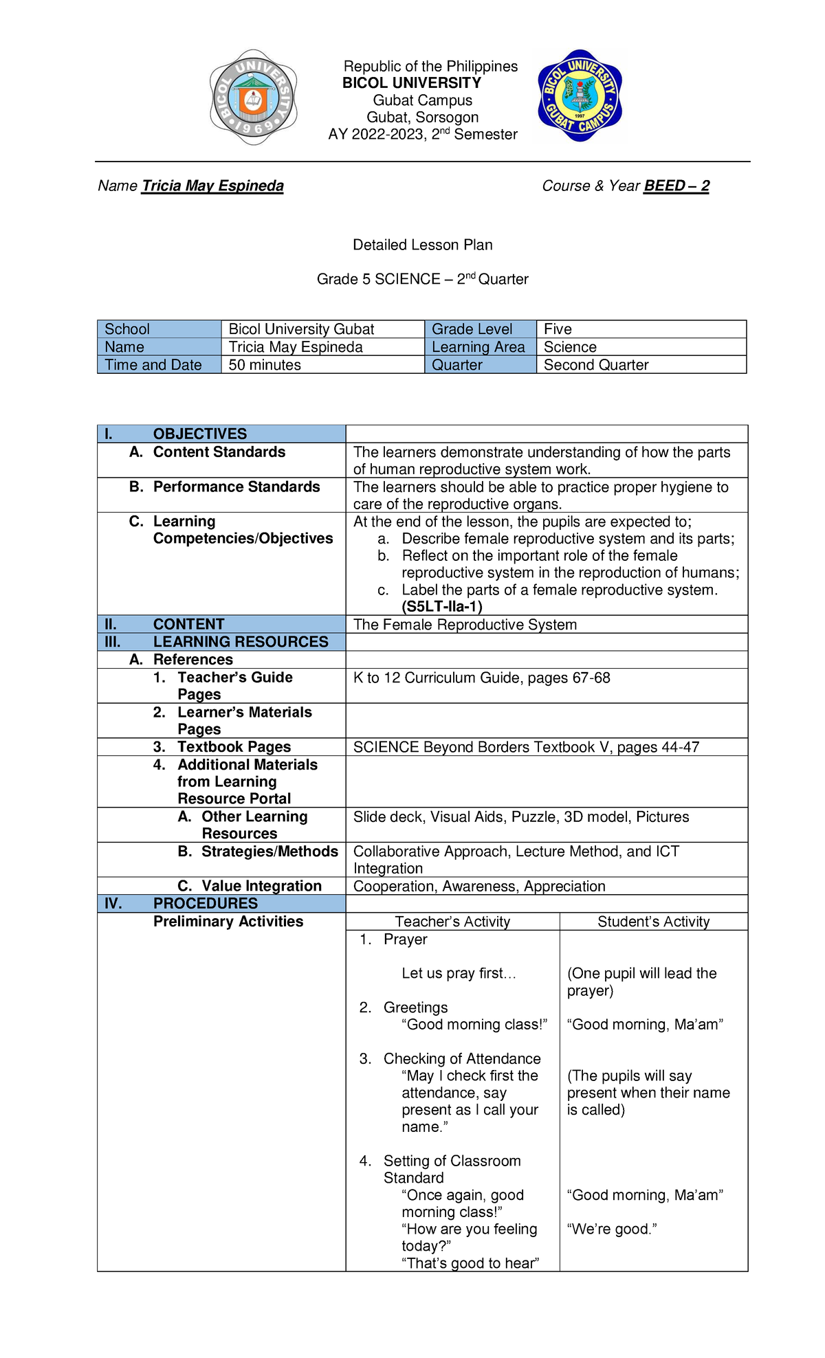 Science DLP- Reproductive System 5 - Republic of the Philippines BICOL ...