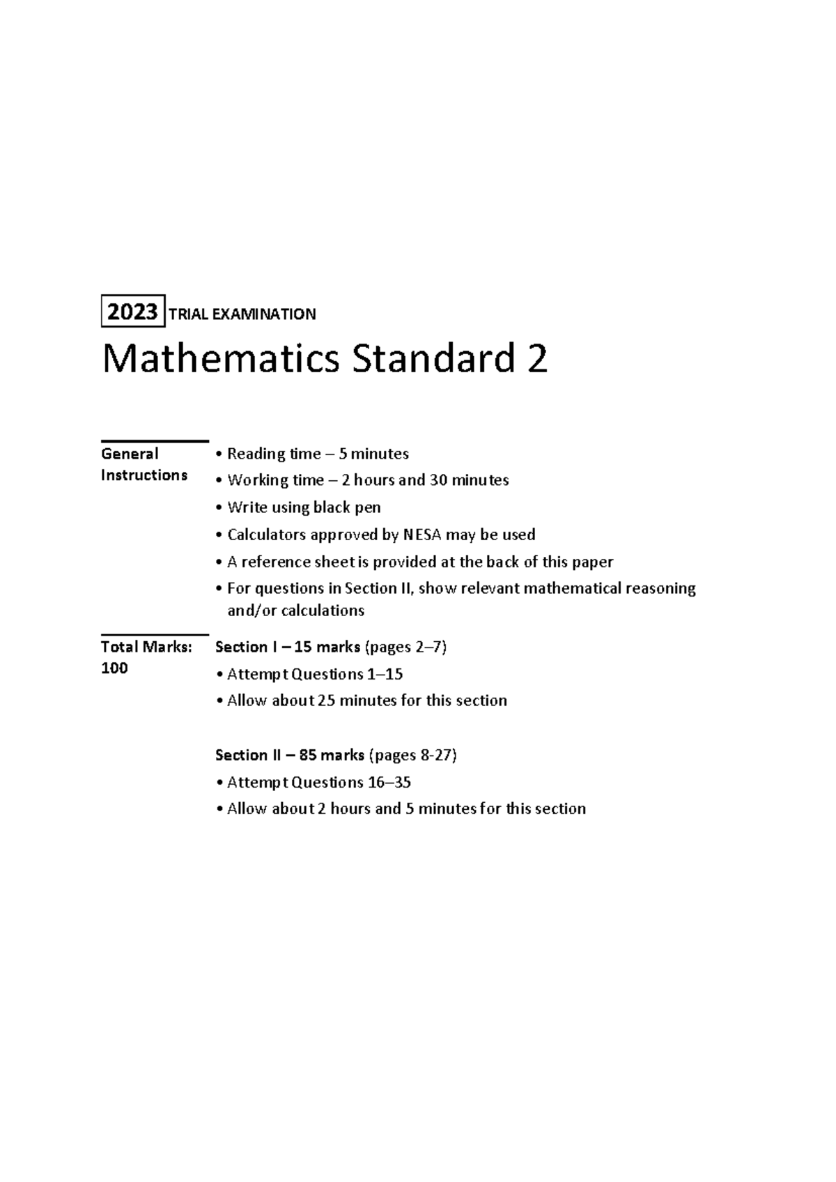 2023 Year 12 Mathematics Standard 2 Examination - 2023 TRIAL ...