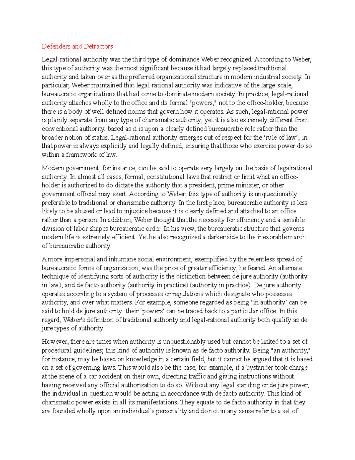 Defenders and Detractors - Defenders and Detractors Legal-rational ...