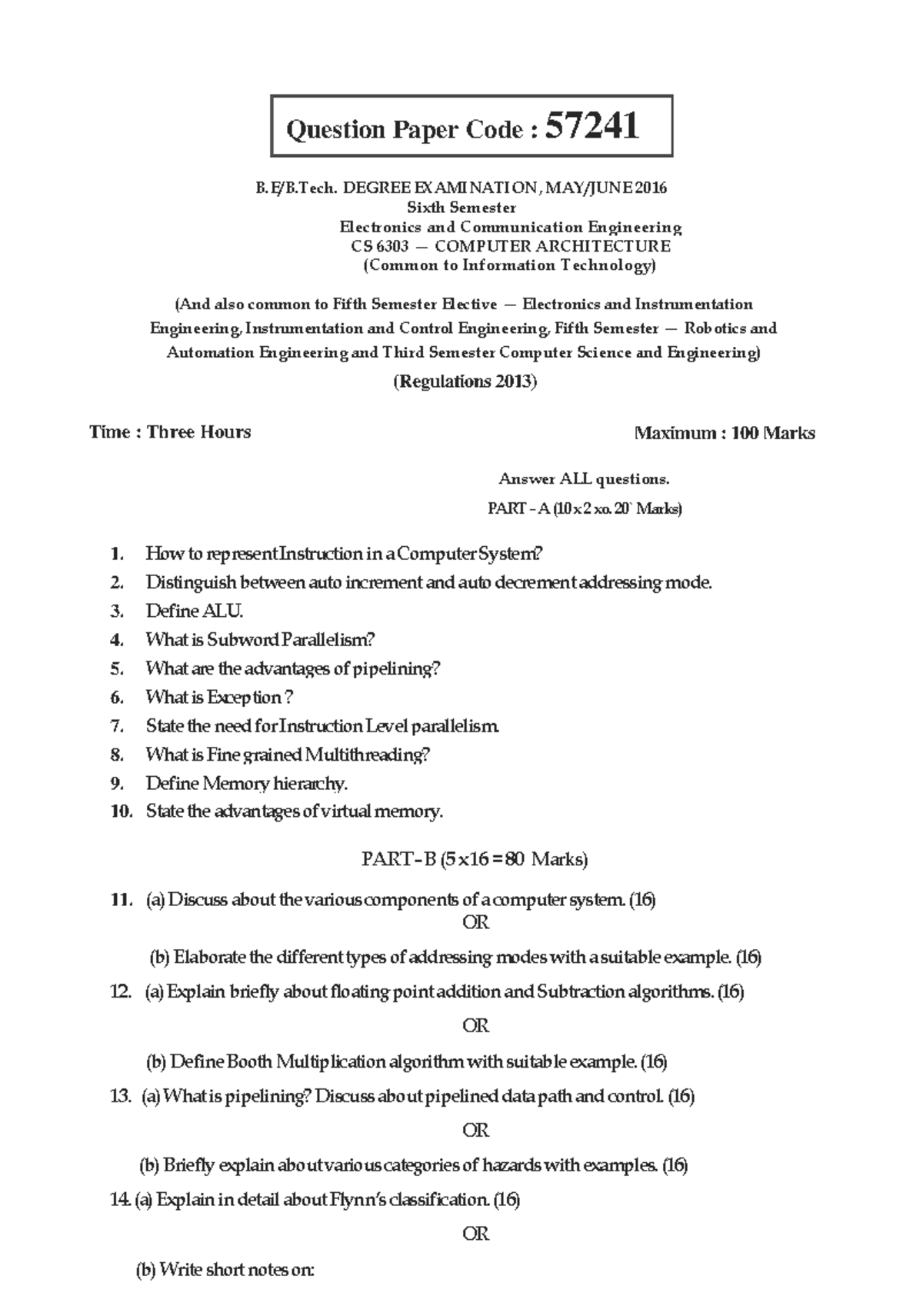 May 2016 - (Regulations 2013) Time : Three Hours Maximum : 100 Marks Question Paper Code : 57241 ...