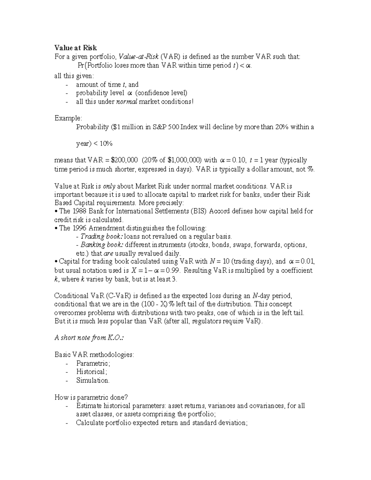 Value At Risk - Value at Risk For a given portfolio, Value-at-Risk (VAR ...