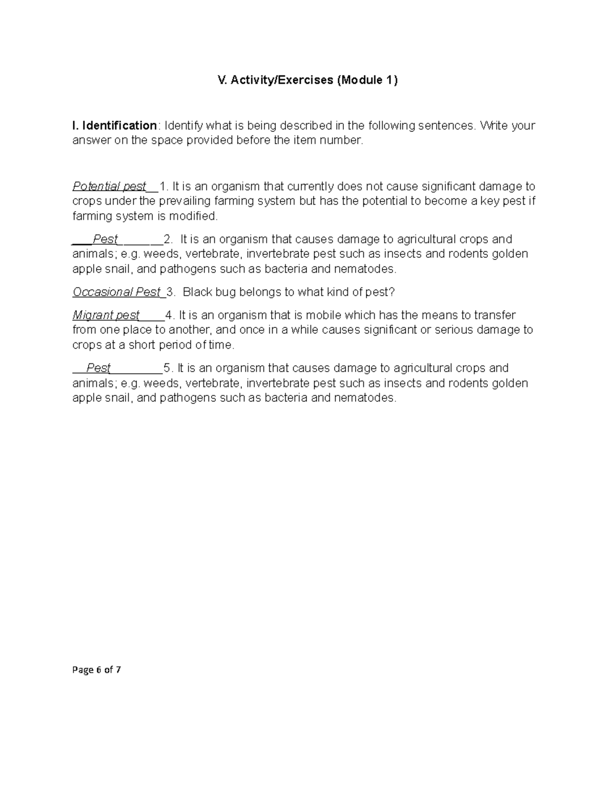 2. CROP-PROT M1 Answer - Crop protection - V. Activity/Exercises ...