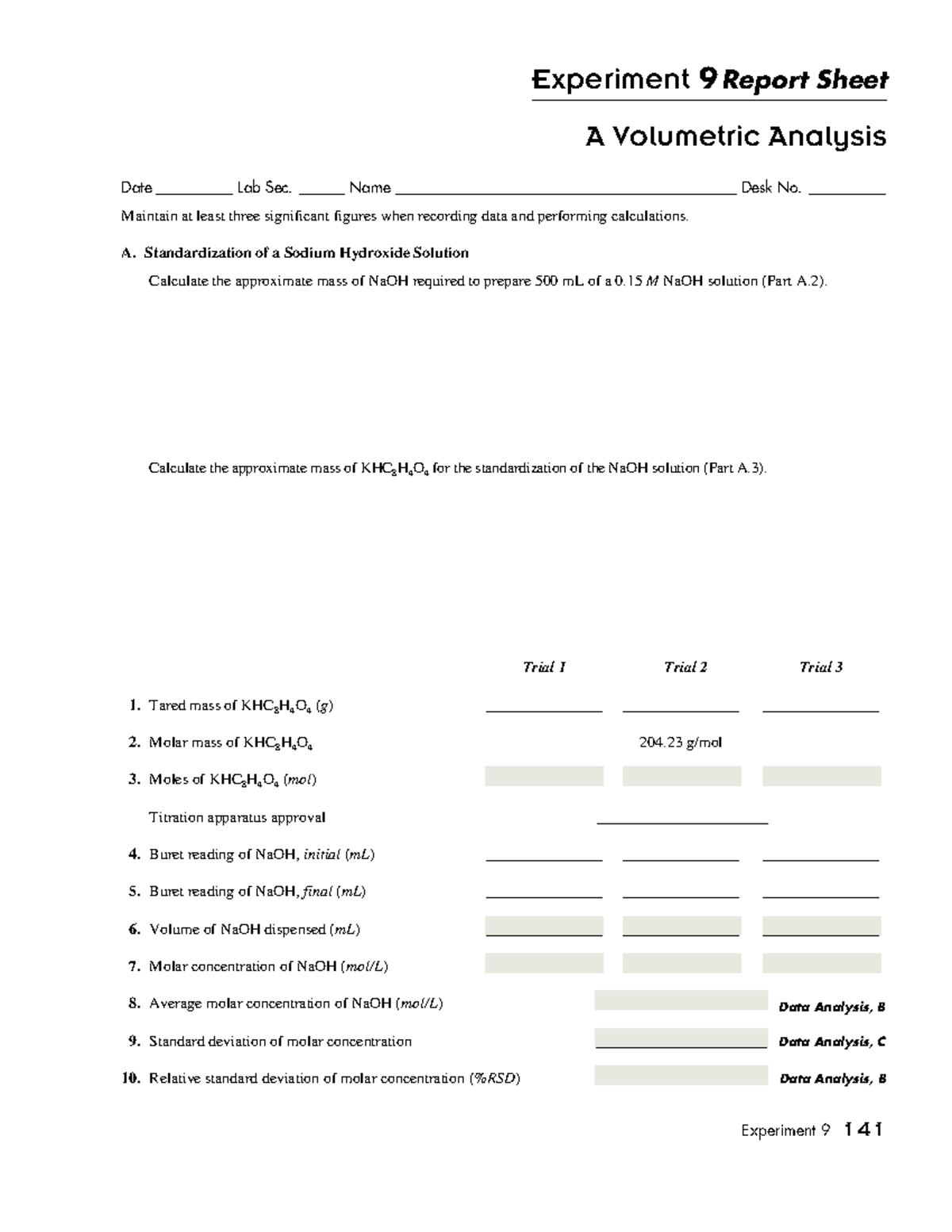Exp 9 report - exp 9 - Experiment 9 Report Sheet A Volumetric Analysis ...