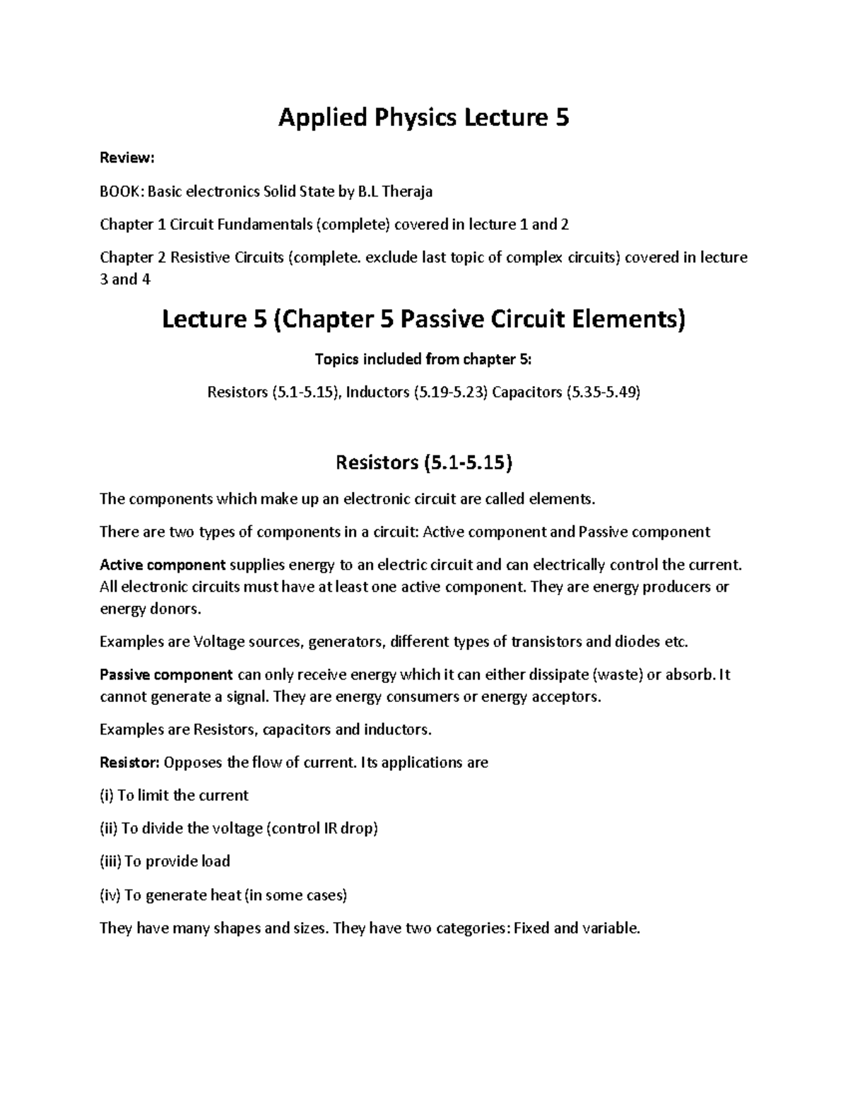 5th lecture - Applied Physics Lecture 5 Review: BOOK: Basic electronics Solid State by B Theraja ...