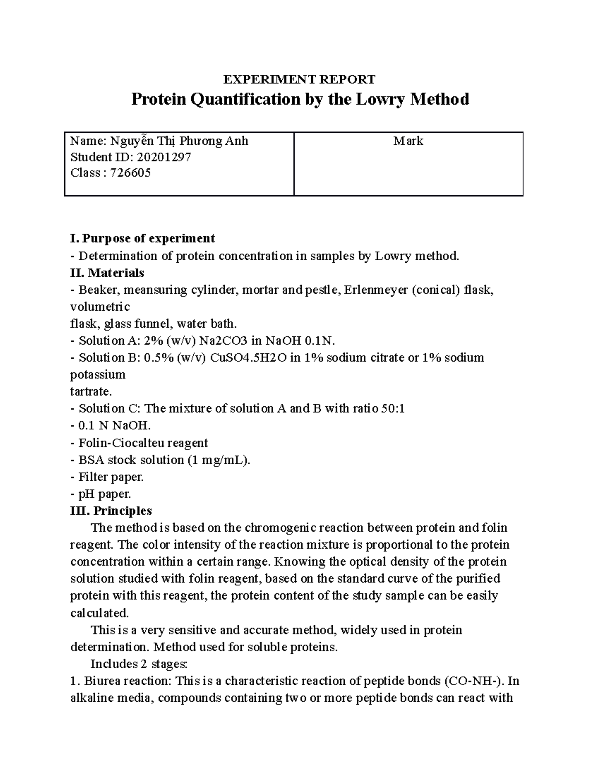 Experiment Report Bio Chemistry 2 - EXPERIMENT REPORT Protein ...