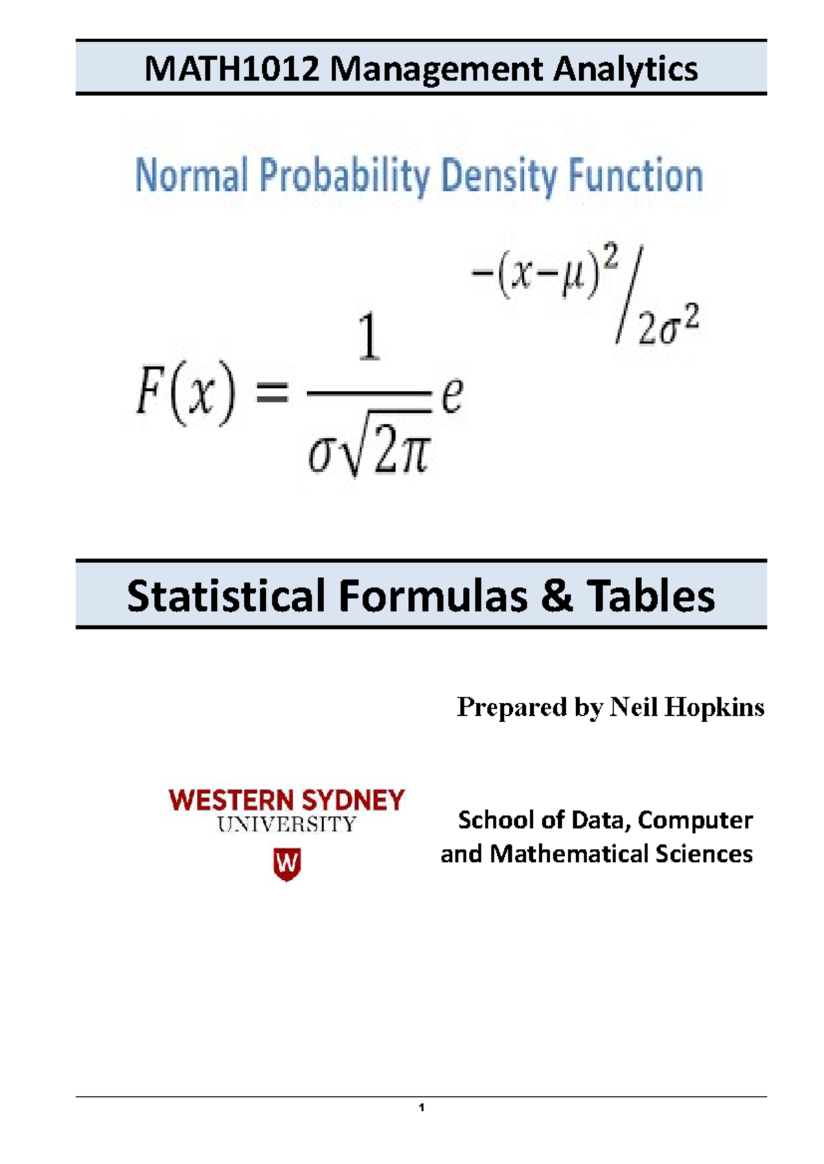 MA Formula Sheets - 1 MATH1012 Management Analytics Statistical Formulas & Tables Prepared by ...