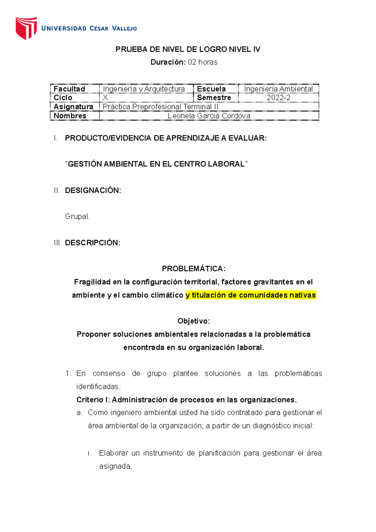 Prueba DE Nivel DE Logro Nivel IV (X Ciclo) - PRUEBA DE NIVEL DE LOGRO NIVEL IV Duración: 02 ...