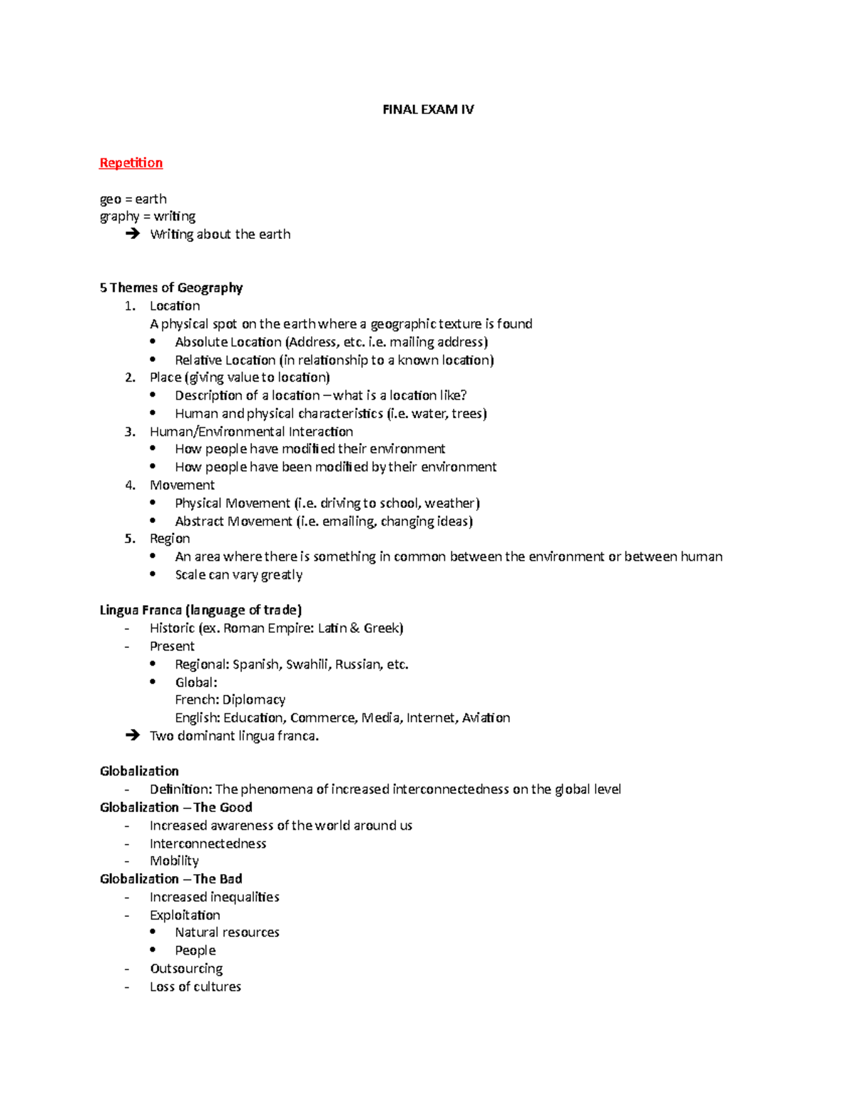 Final EXAM IV - FINAL EXAM IV Repetition geo earth graphy writing ...