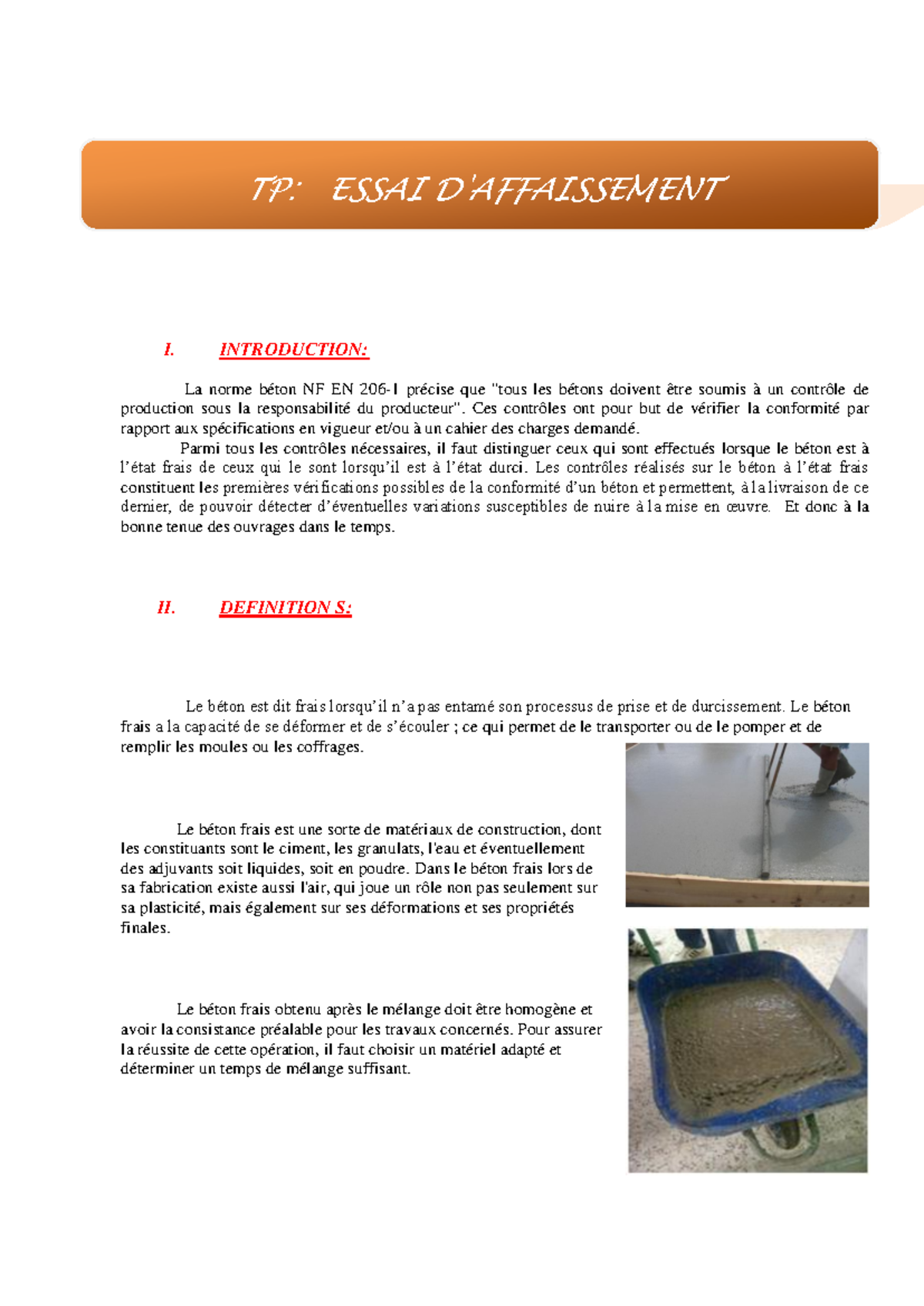 Tp mdc essai d affaissement l3 gc - I. INTRODUCTION: La norme béton NF EN 206-1 précise que ...
