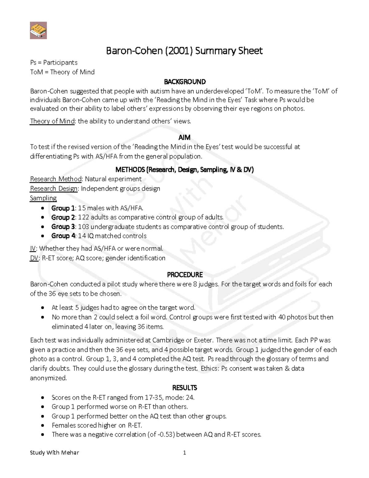 Baron-Cohen (2001 ) Summary Sheet- Study With Mehar - Study With Mehar ...