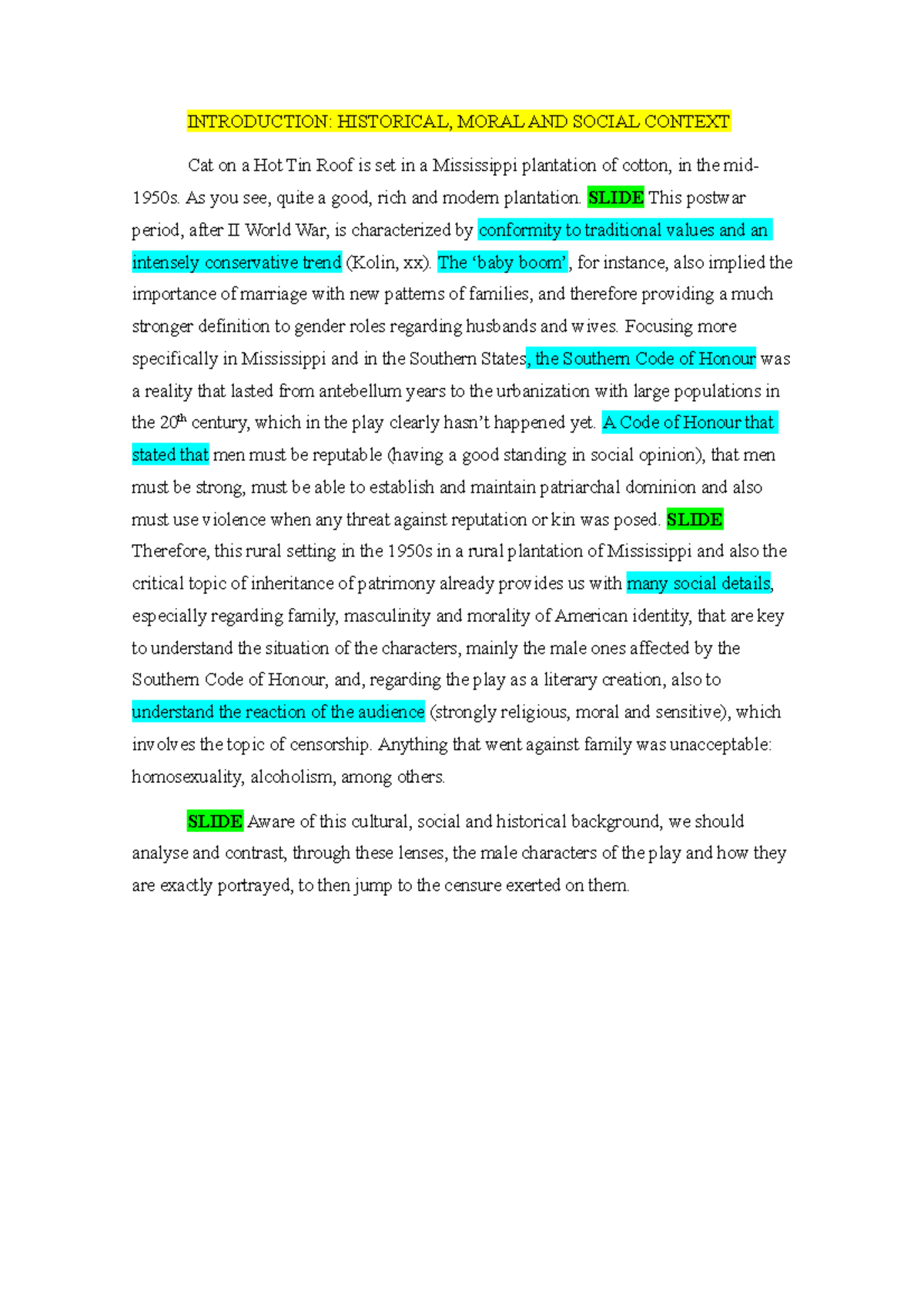 Cat on a hot tin roof - NOte - INTRODUCTION: HISTORICAL, MORAL AND ...