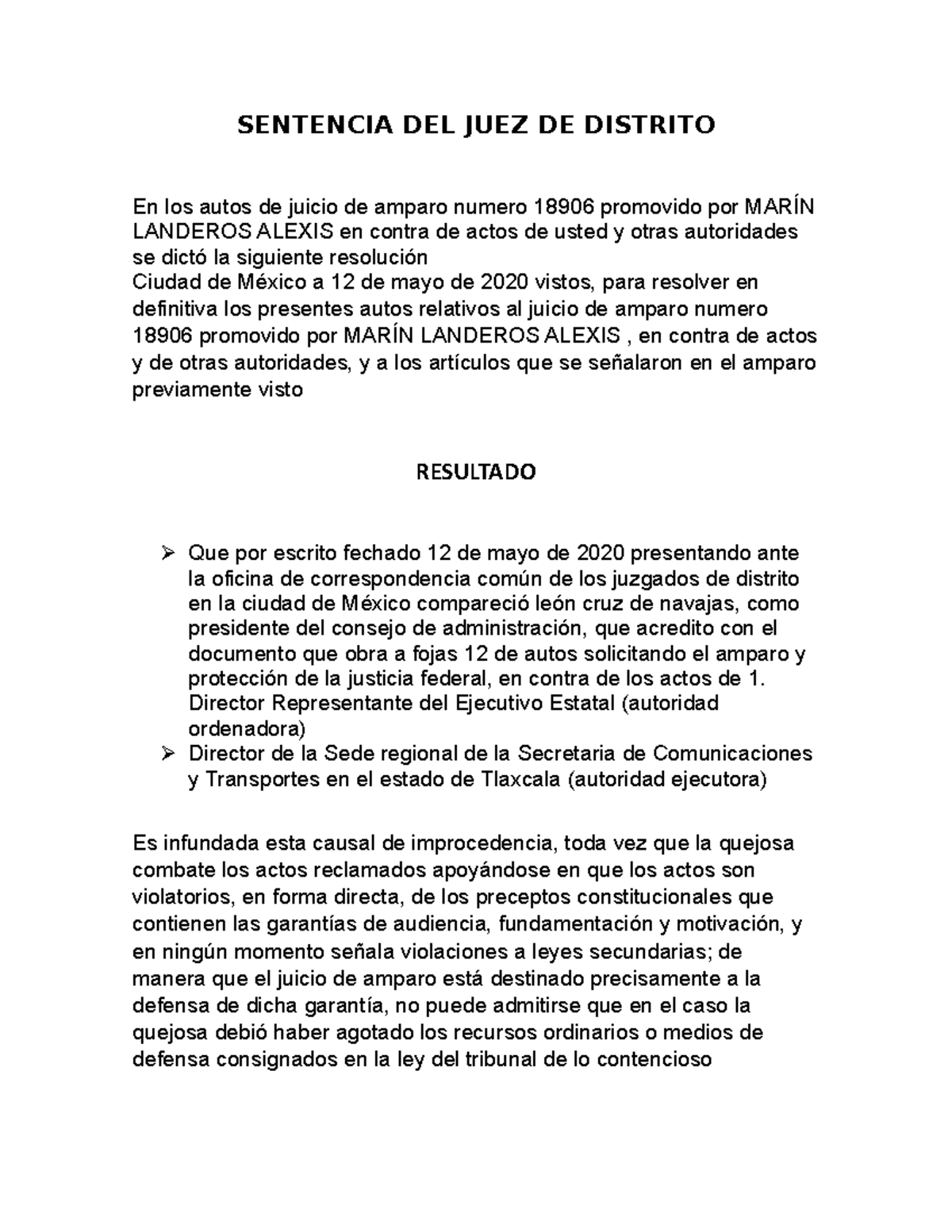 Sentencia DEL JUEZ DE Distrito - SENTENCIA DEL JUEZ DE DISTRITO En los ...