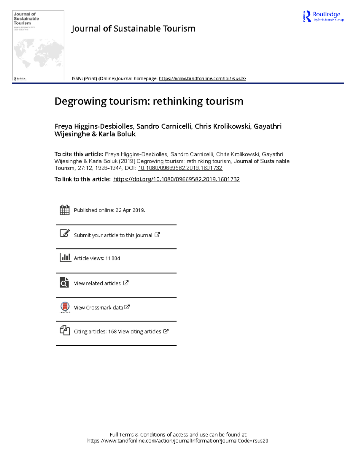 Degrowing tourism rethinking tourism - 1080/09669582. To link to this ...