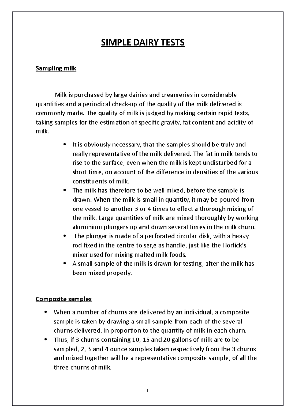 Simple Dairy Tests - Lecture notes 8-9 - SIMPLE DAIRY TESTS Sampling ...
