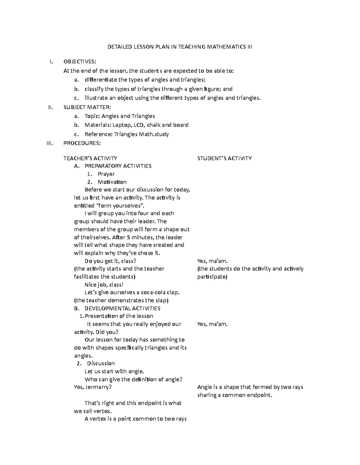 Angles AND Triangles - DETAILED LESSON PLAN IN TEACHING MATHEMATICS III ...