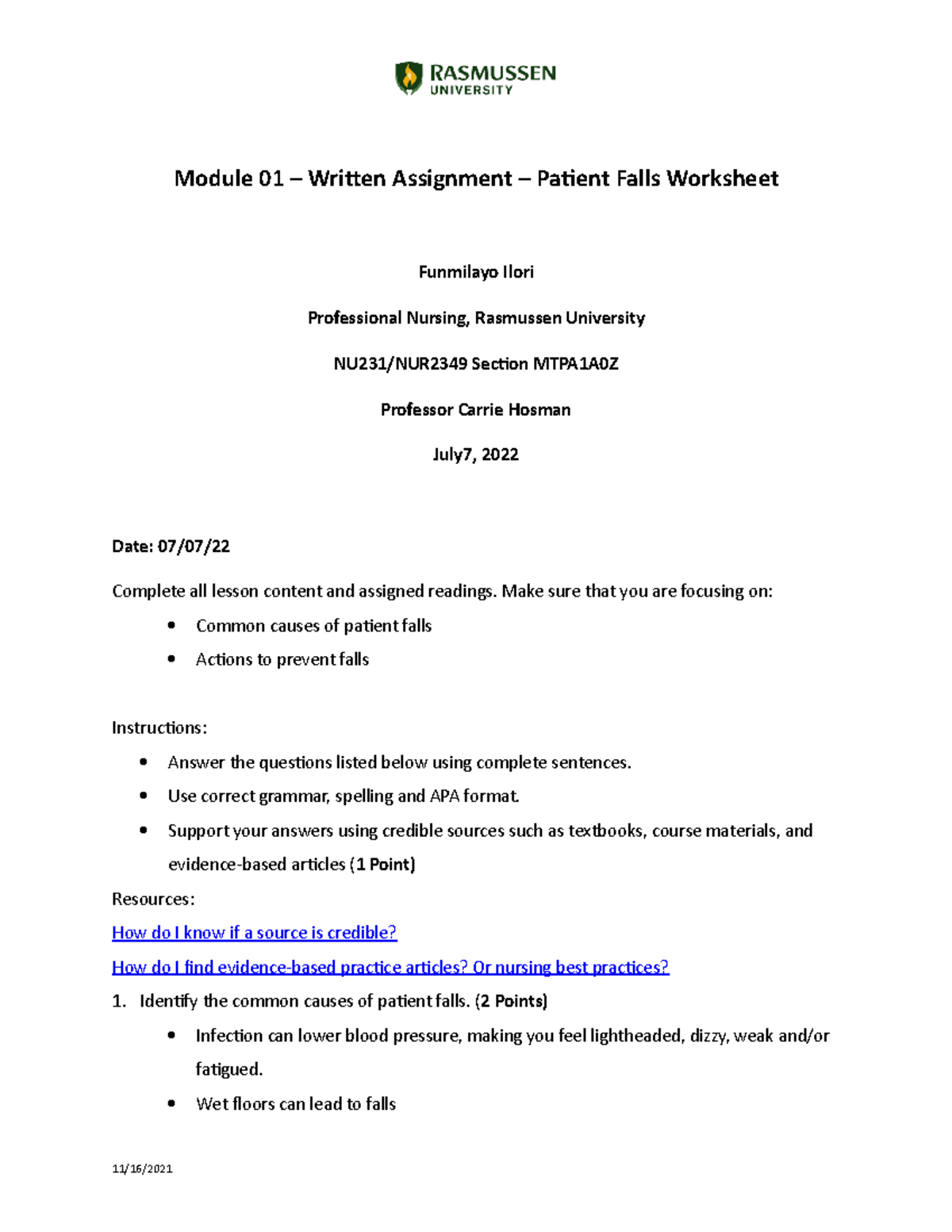 NUR2349 Module 01 Patient Falls Worksheet v2 - Module 01 – Written ...
