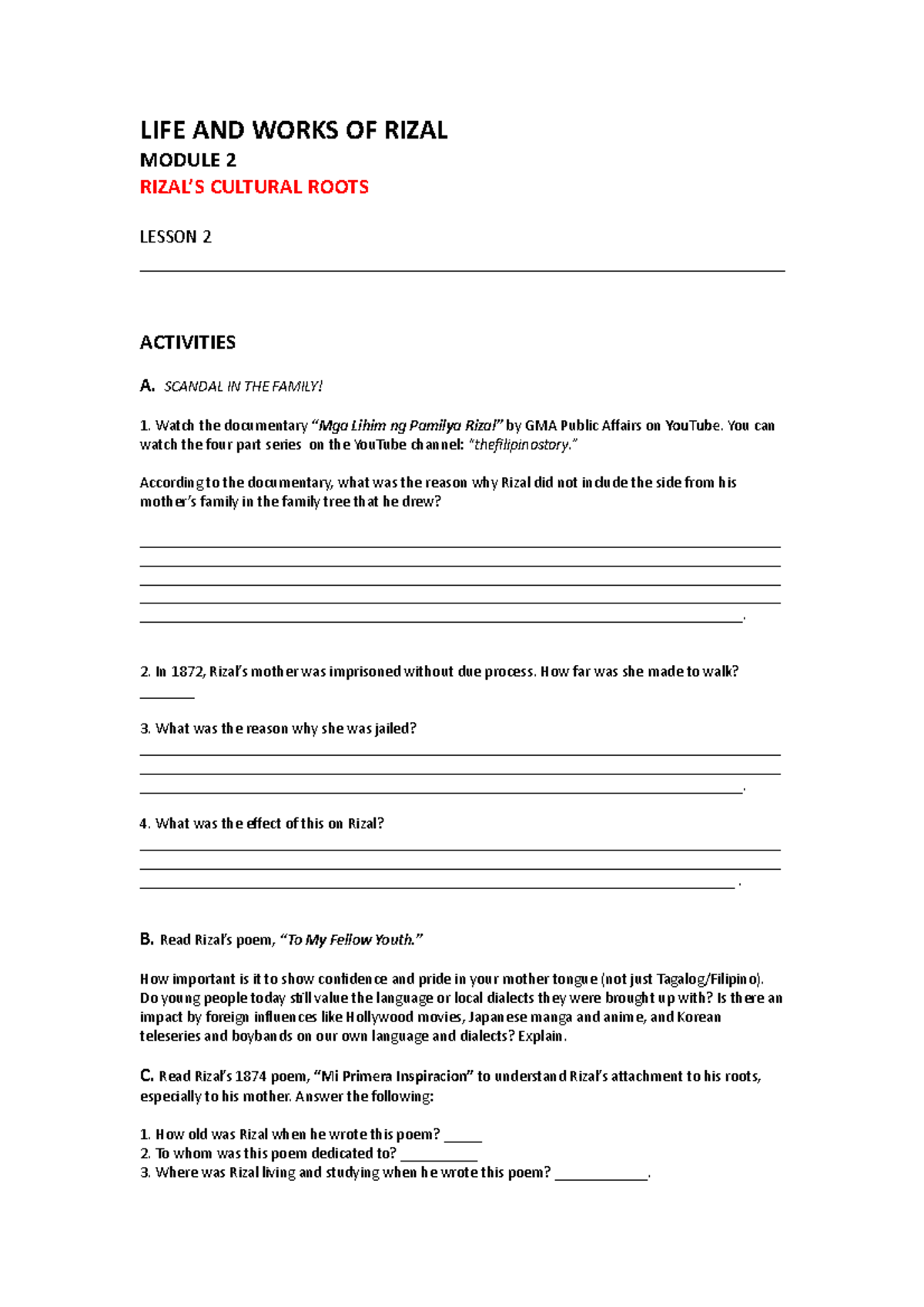 Rizal Module 2 Lesson 2 Activity - LIFE AND WORKS OF RIZAL MODULE 2 ...