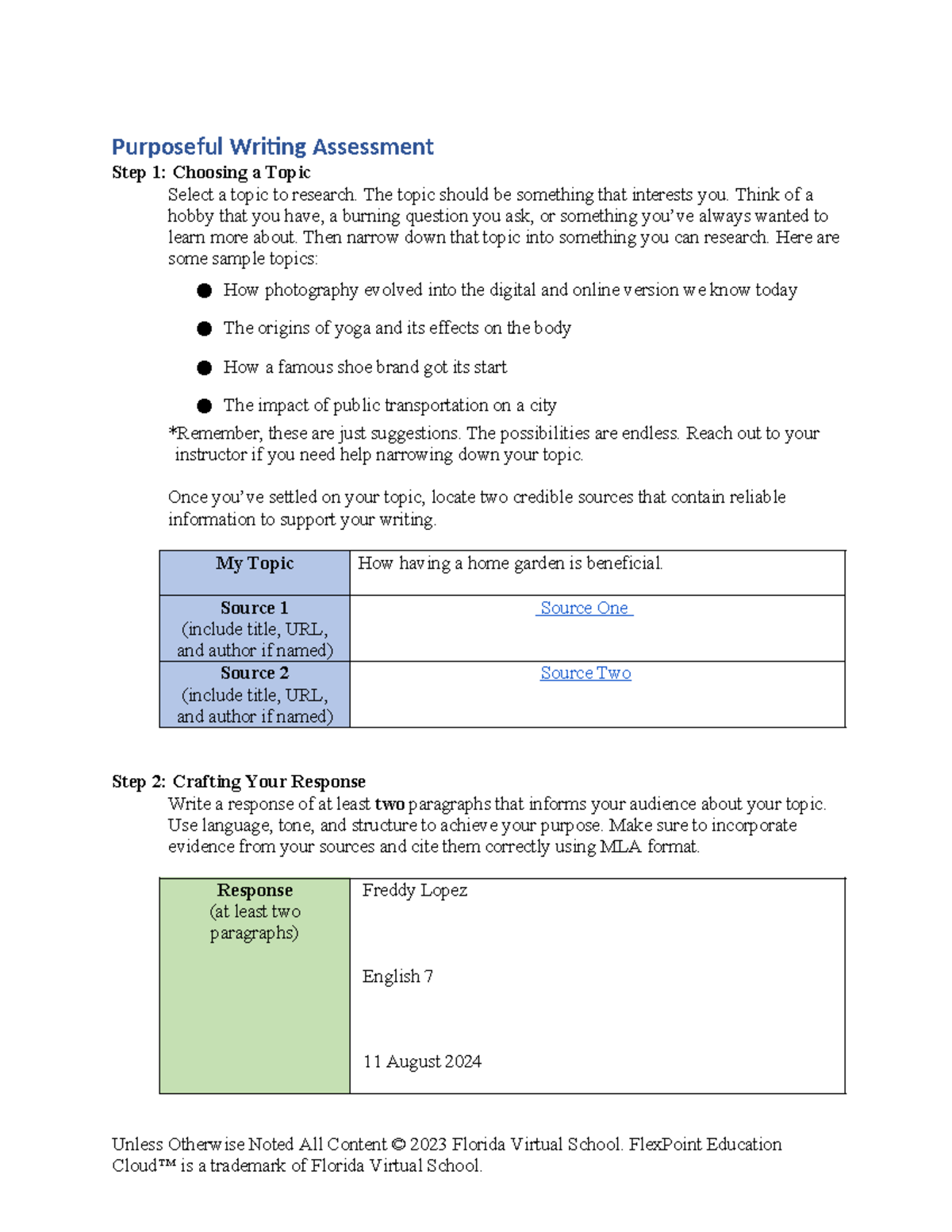 01 03 Purposeful Writing Purposeful Writing Assessment Step 1