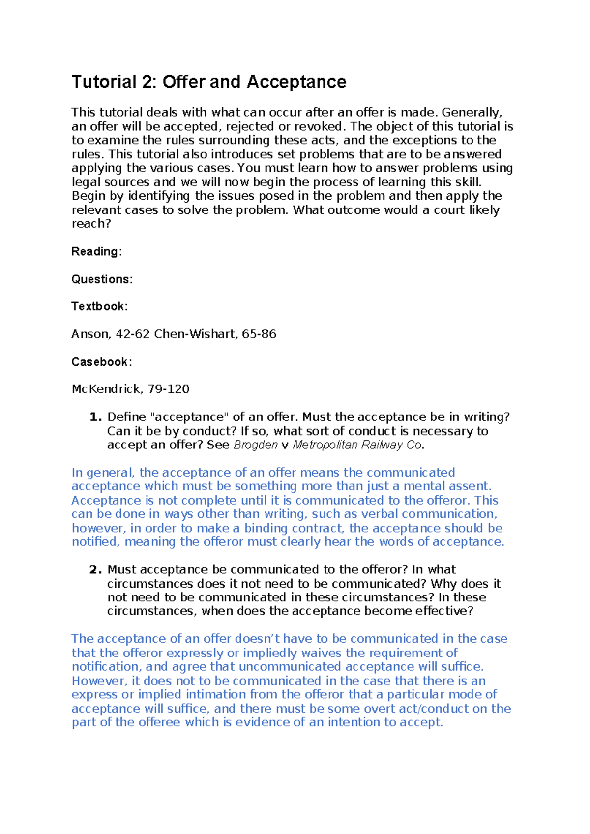 Contract LAW - Tutorial 2 - Tutorial 2: Offer and Acceptance This tutorial deals with what can ...