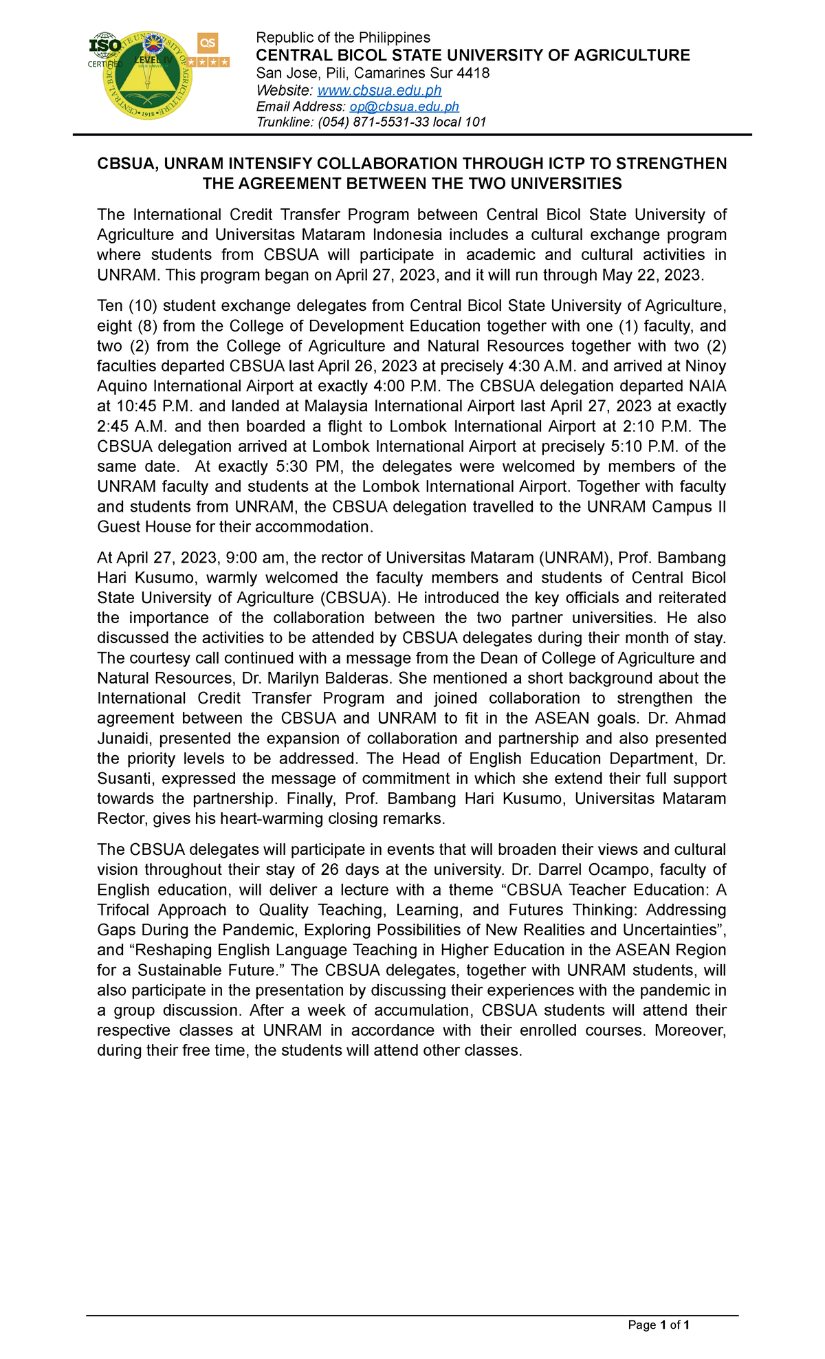 News article - Collaboration through ICTP - Republic of the Philippines CENTRAL BICOL STATE ...