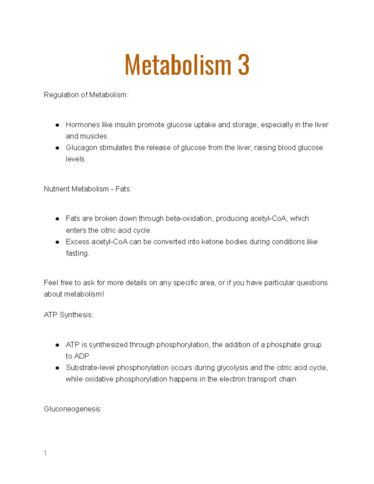 Metabolism 3 - Notes - Metabolism 3 Regulation of Metabolism: Hormones ...