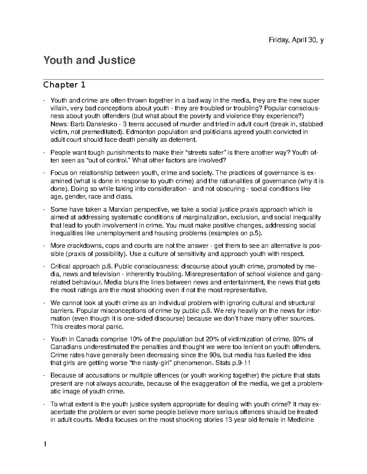 Summary - notes on class textbook - Youth and Justice Chapter 1 Youth ...
