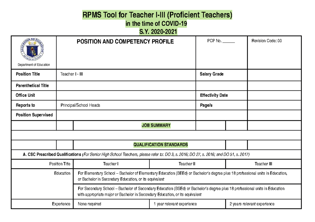 Appendix 1 RPMS Tool for T I III SY 2020 RPMS - RPMS Tool for Teacher I ...