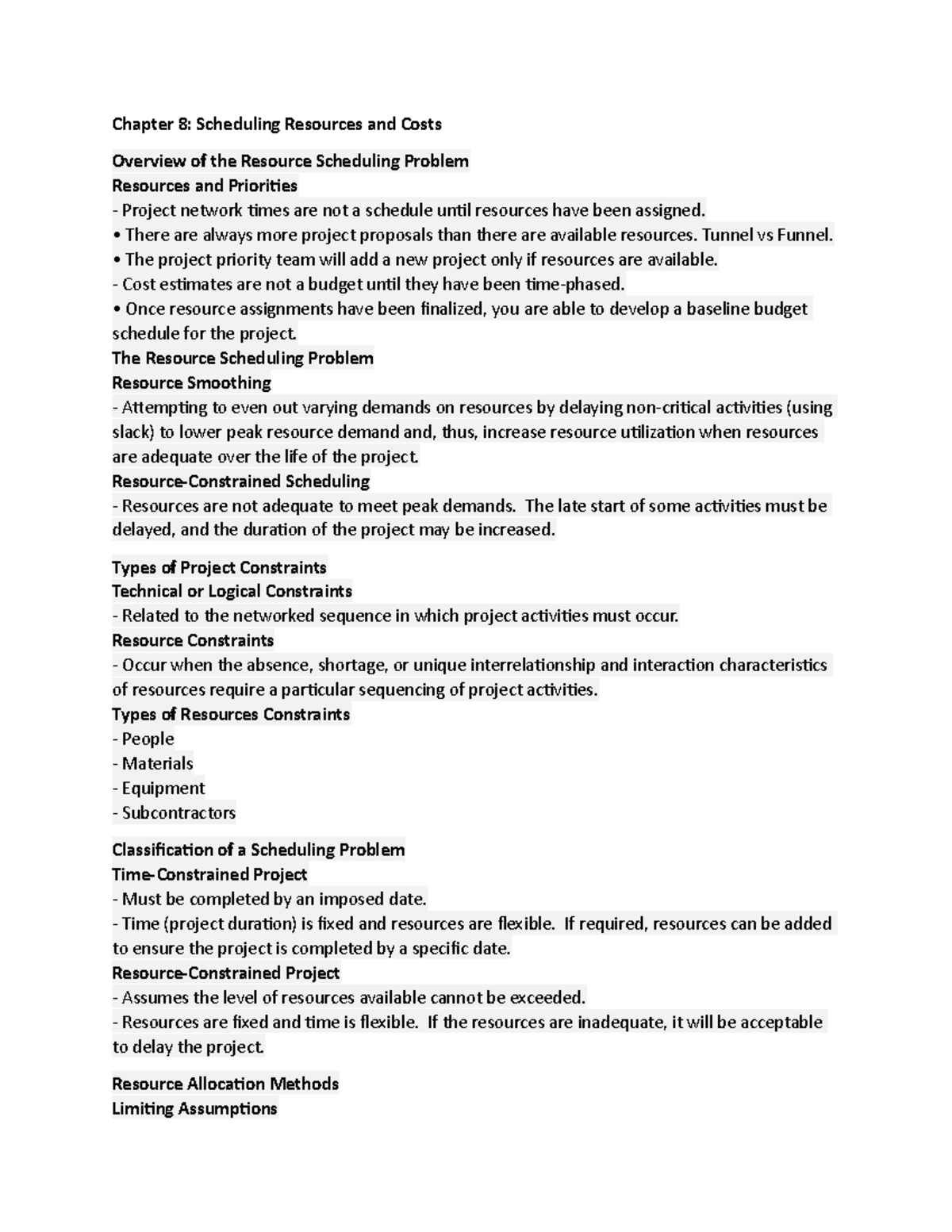 OPS-chap8 - chap 8 - Chapter 8: Scheduling Resources and Costs Overview of the Resource ...