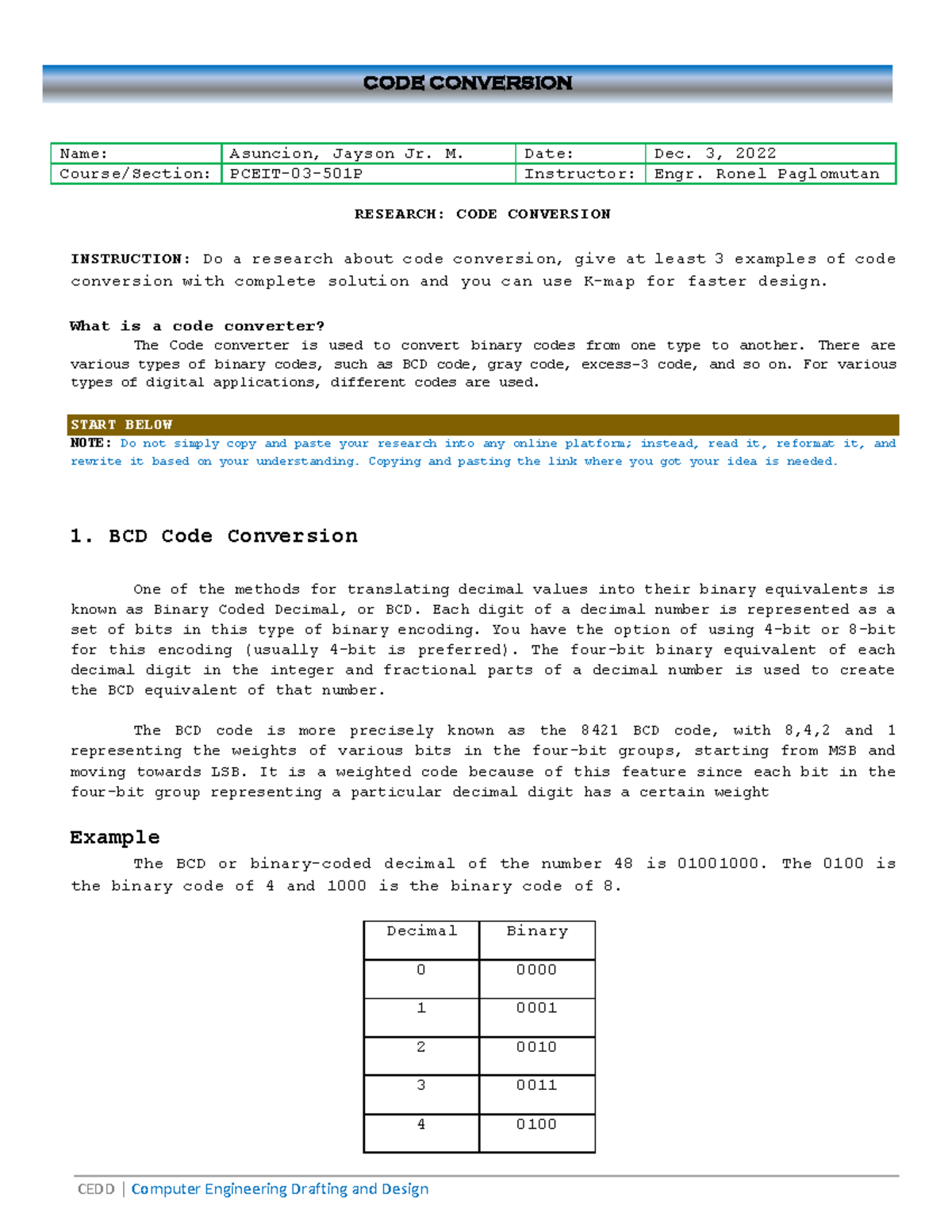 Ceddcode Converter 1 - test - Name: Asuncion, Jayson Jr. M. Date: Dec ...