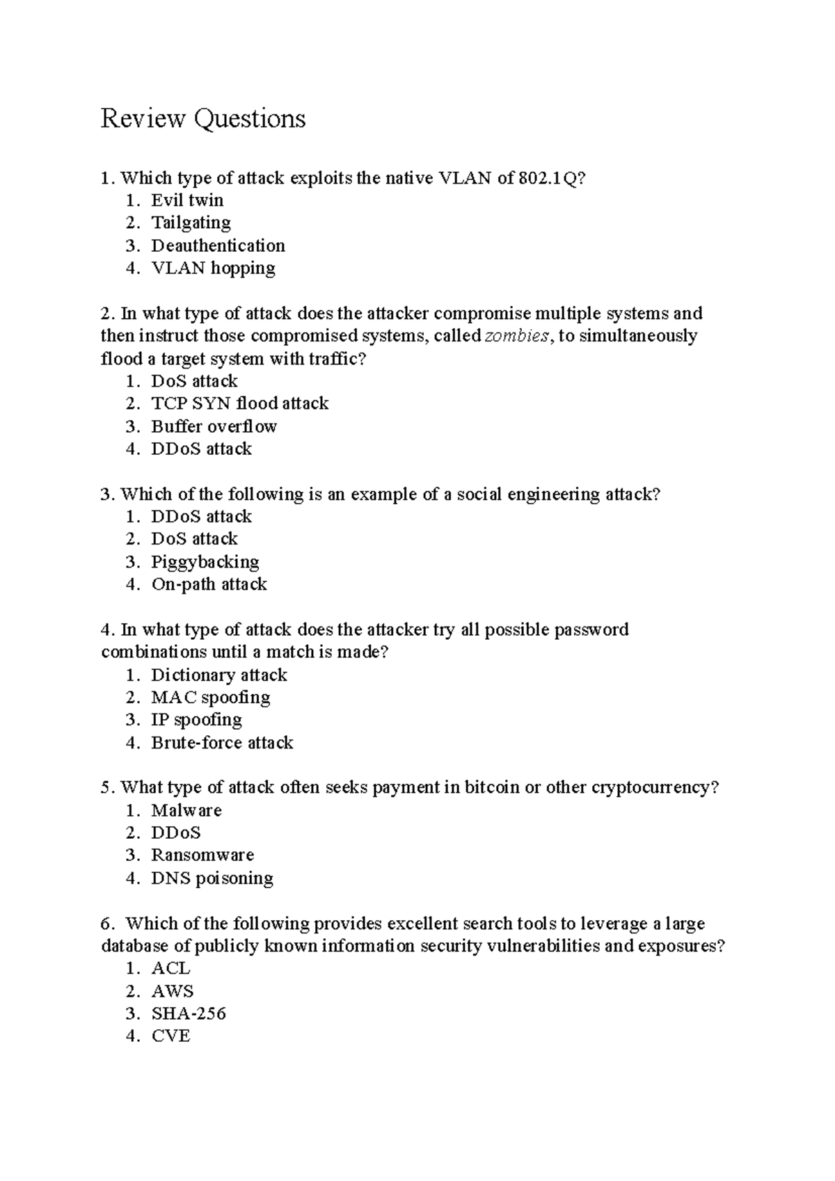 Common Types Of Attacks And Authentication Schemes Review Questions
